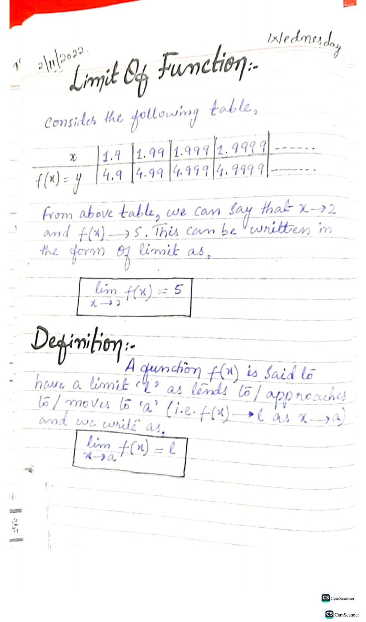 Limits and Continuity of function - Wednesday Limit of Function: consider the following table, x ...