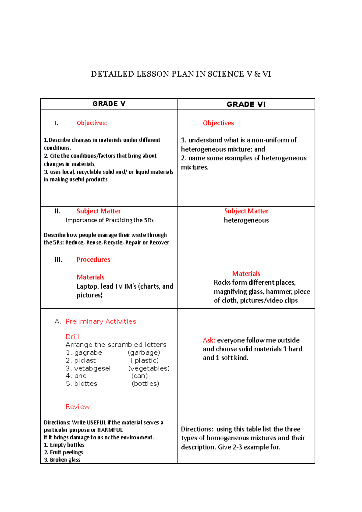5R's and HOMO- Heterogeneous - DETAILED LESSON PLAN IN SCIENCE V & VI ...