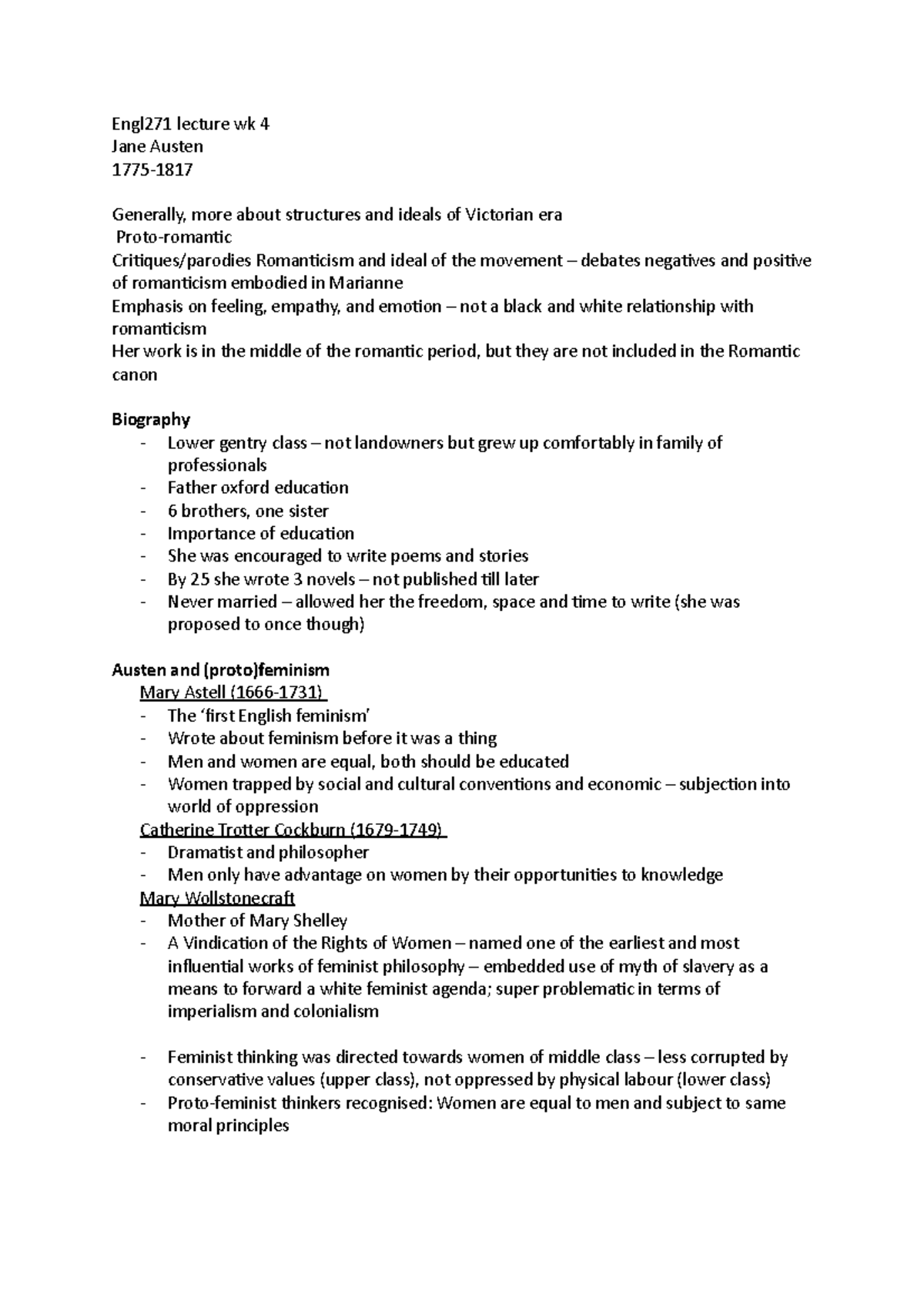 Engl271 Lecture Notes: Jane Austen - Engl271 lecture wk 4 Jane Austen ...