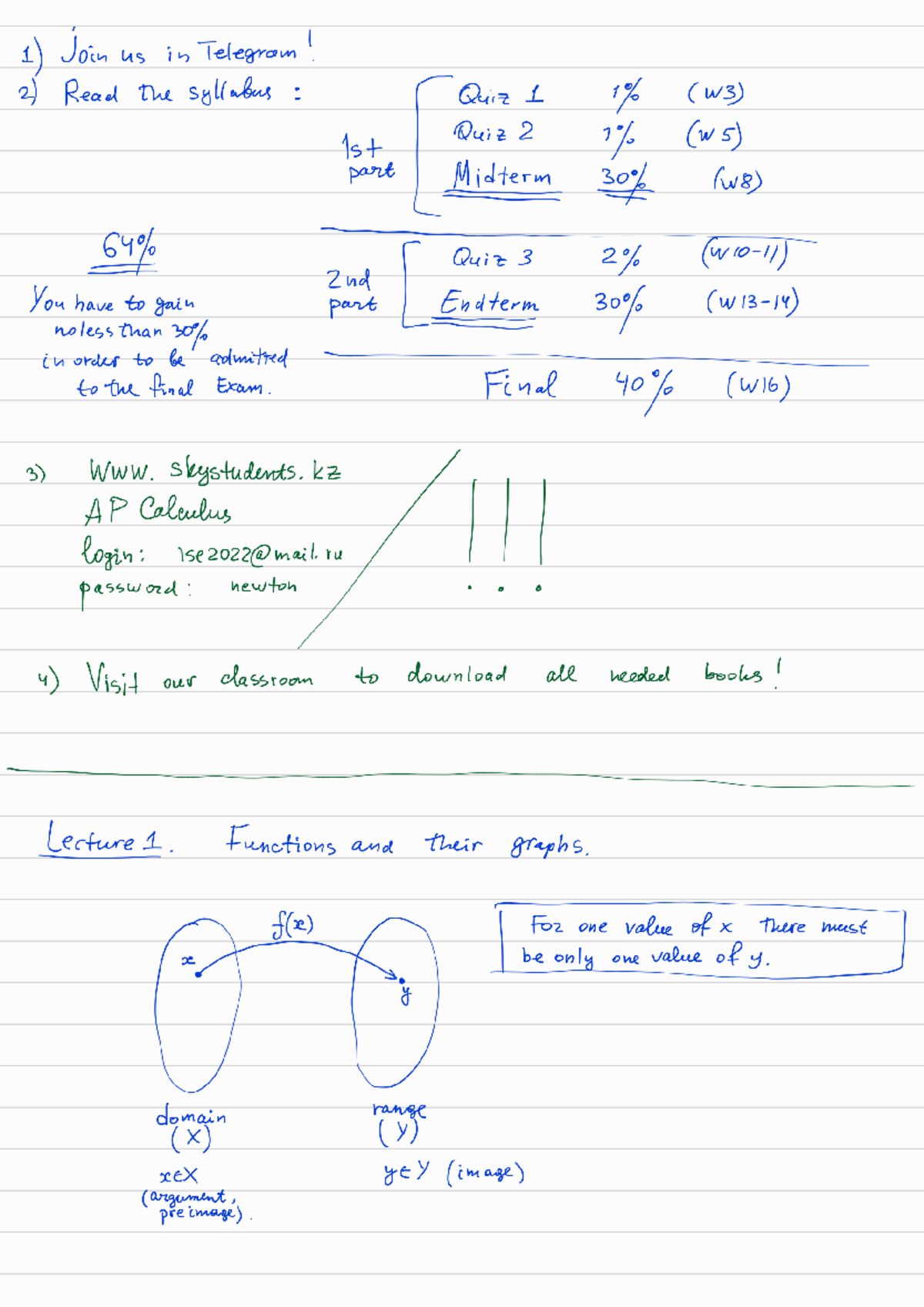 Lecture-1 Functions(AP Calculus 1) - 1) Join us in Telegram 2) Read the syllabus : Quiz 1 (w3 ...
