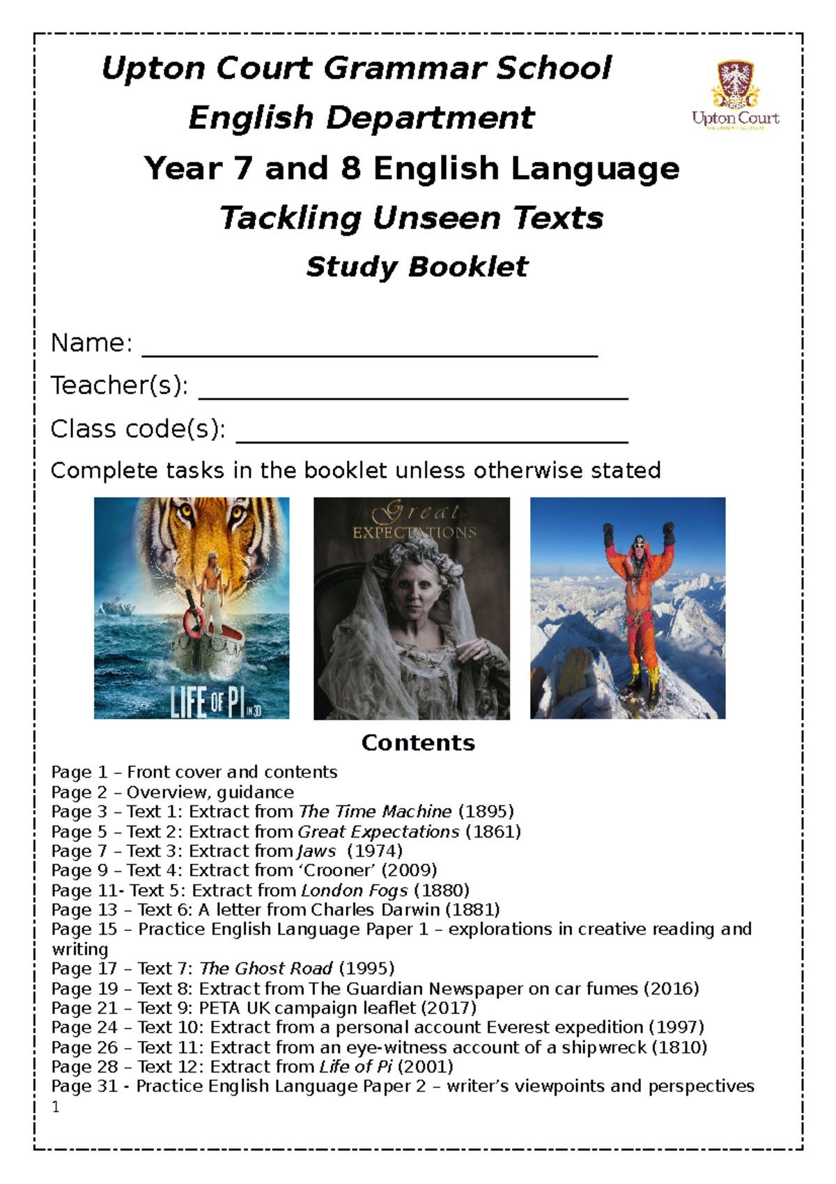AQA Tackling Unseen Texts Booklet KS3 - Upton Court Grammar School ...