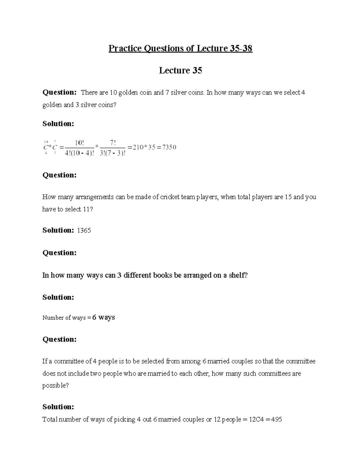 Practice Questions of Lecture 35-38 Solution - Practice Questions of ...