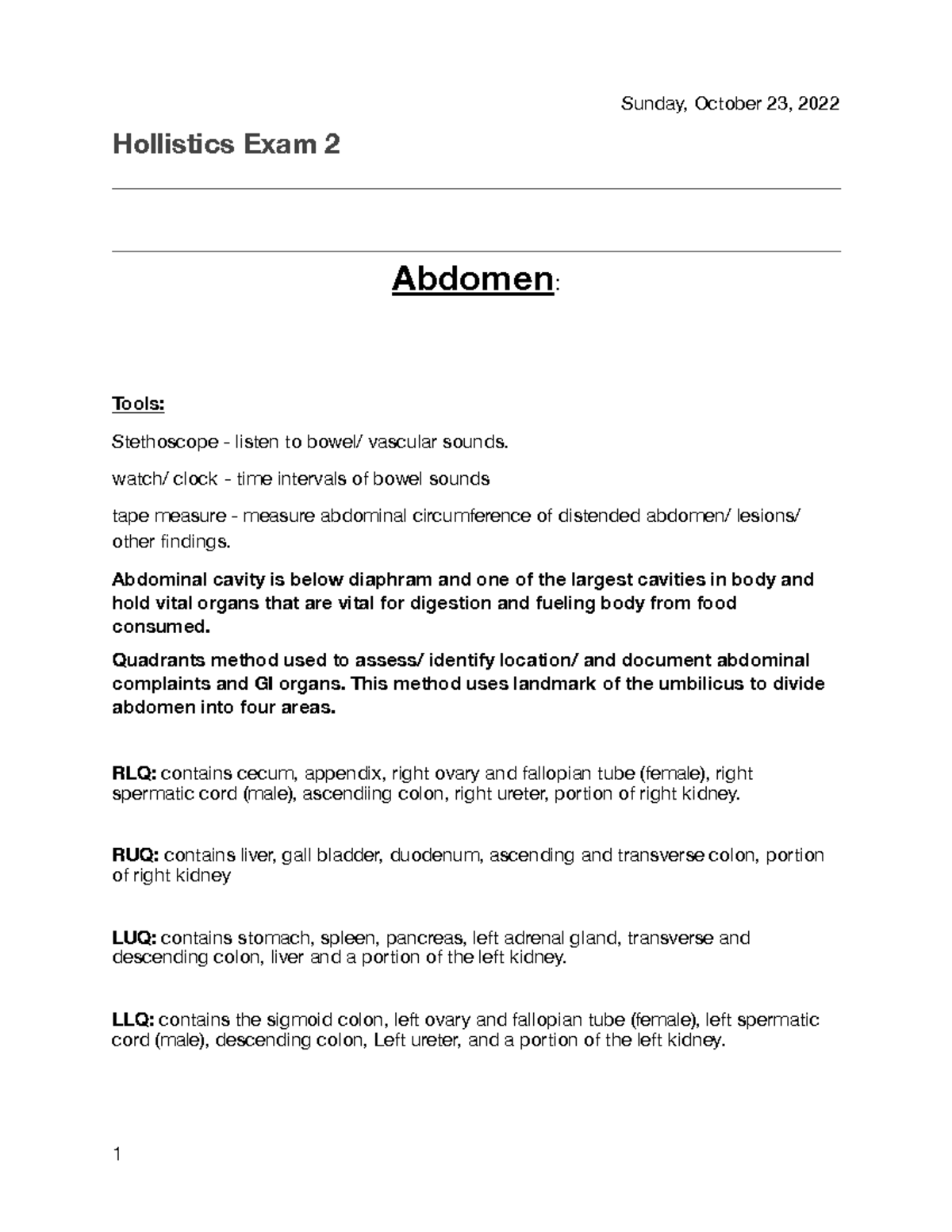 Abdomen review and notes - Hollistics Exam 2 Abdomen : Tools ...