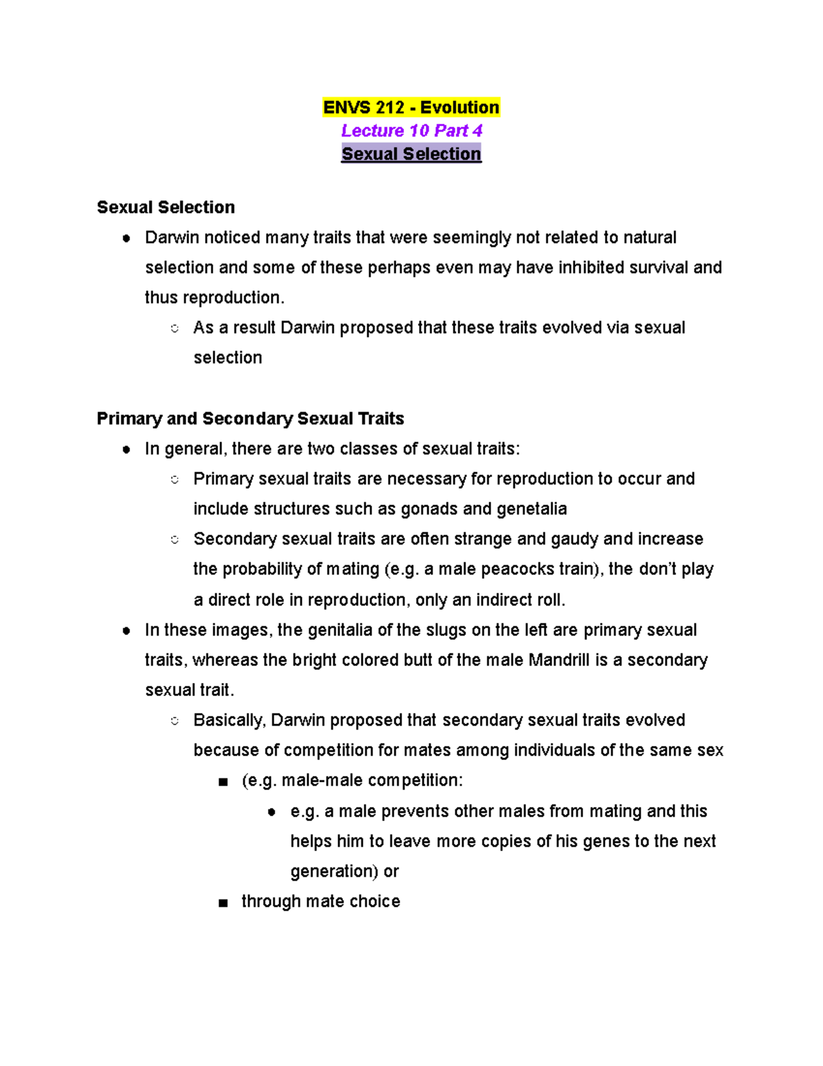 ENVS 212 Lecture 10 Part 4 - Spring 2020 - ENVS 212 - Evolution Lecture 10 Part 4 Sexual ...