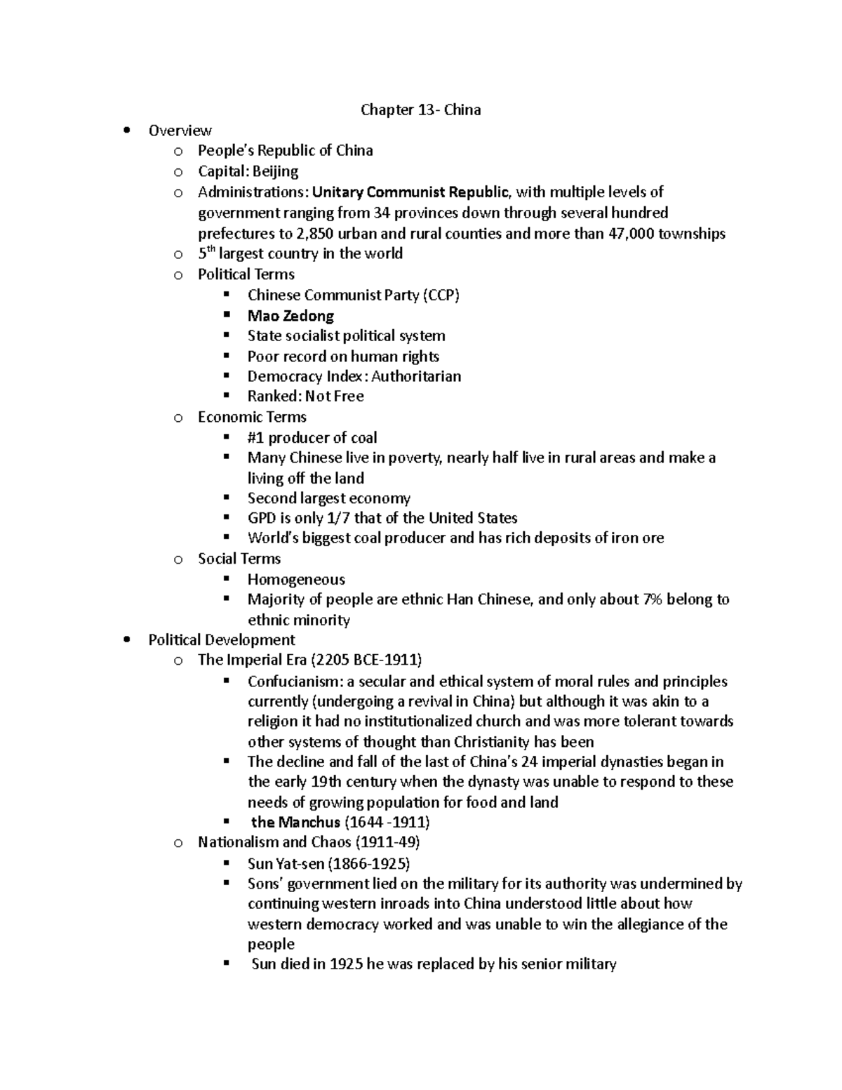 Chapter 13- China - Textbook Notes - Chapter 13- China Overview o ...