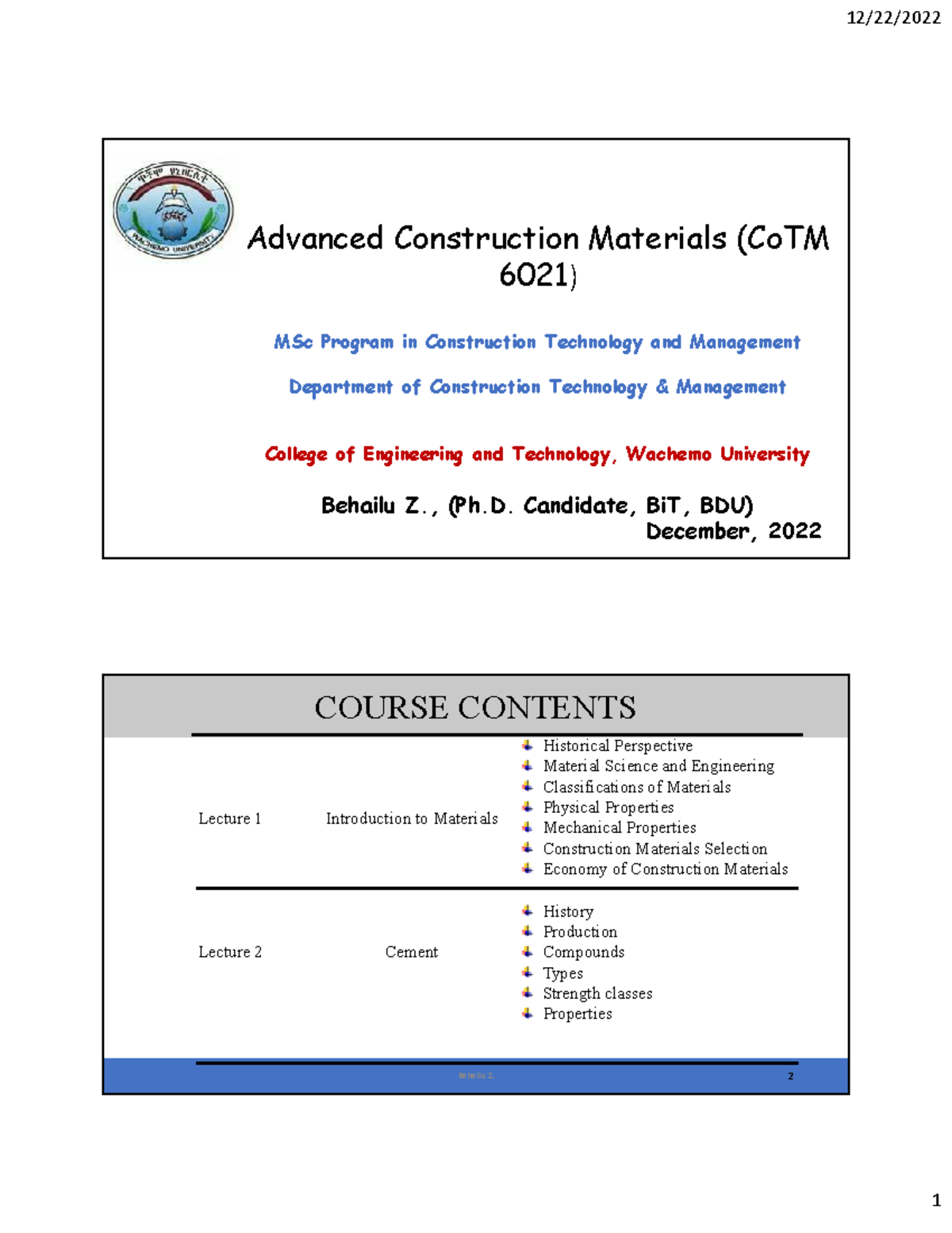 Lecture 1 & 2. Introduction and Cement - Advanced Construction ...