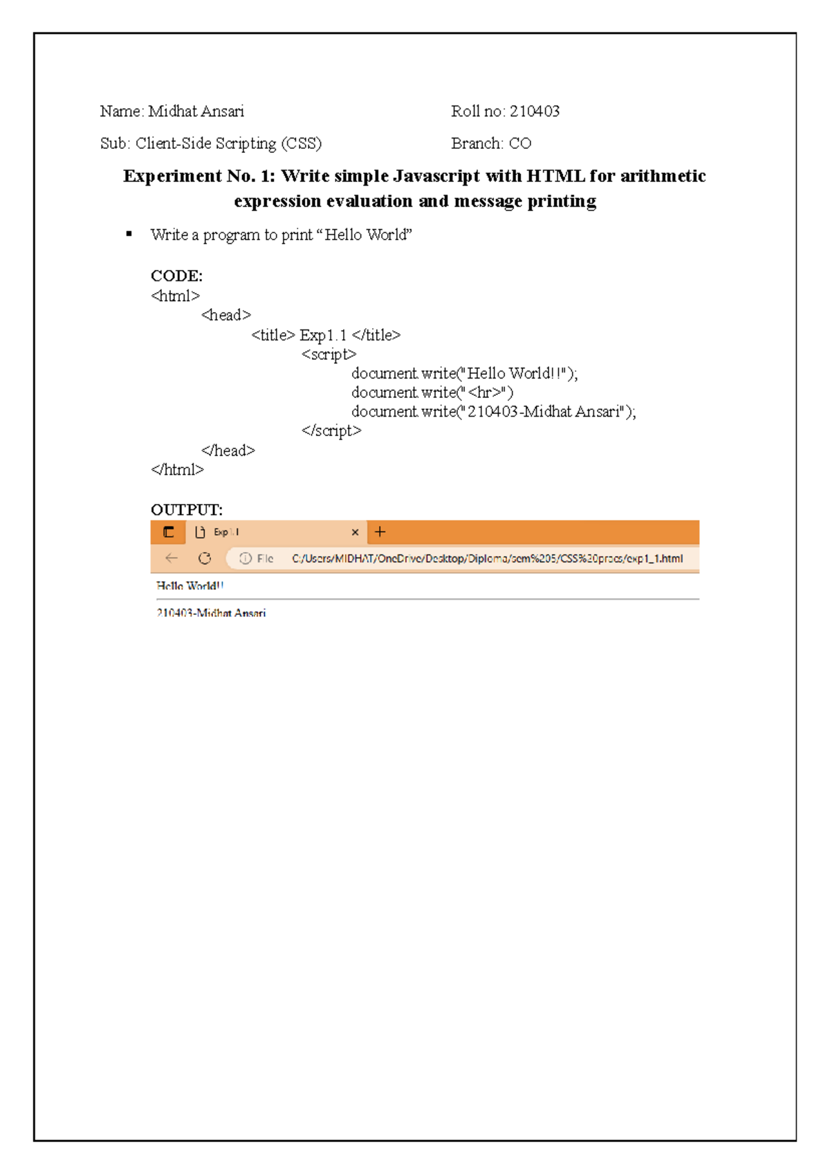 Exp 1 - Best way to study - Name: Midhat Ansari Roll no: 210403 Sub: Client-Side Scripting (CSS ...