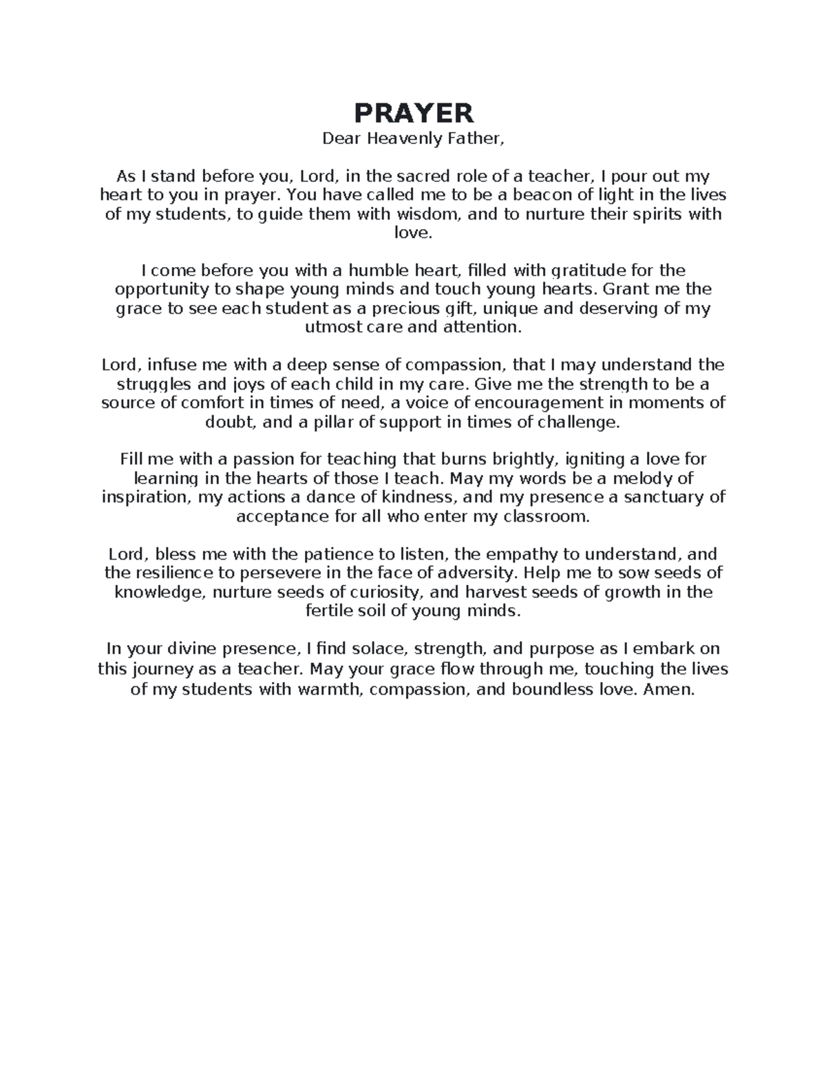 ASSIGNMENT FOR SCIENCE - PRAYER Dear Heavenly Father, As I stand before ...