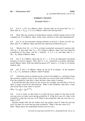 Markov Chains 2017-2018 Example Sheet 2 - IB — Michaelmas 2017 GRG g.r@statslab.cam.ac - Studocu