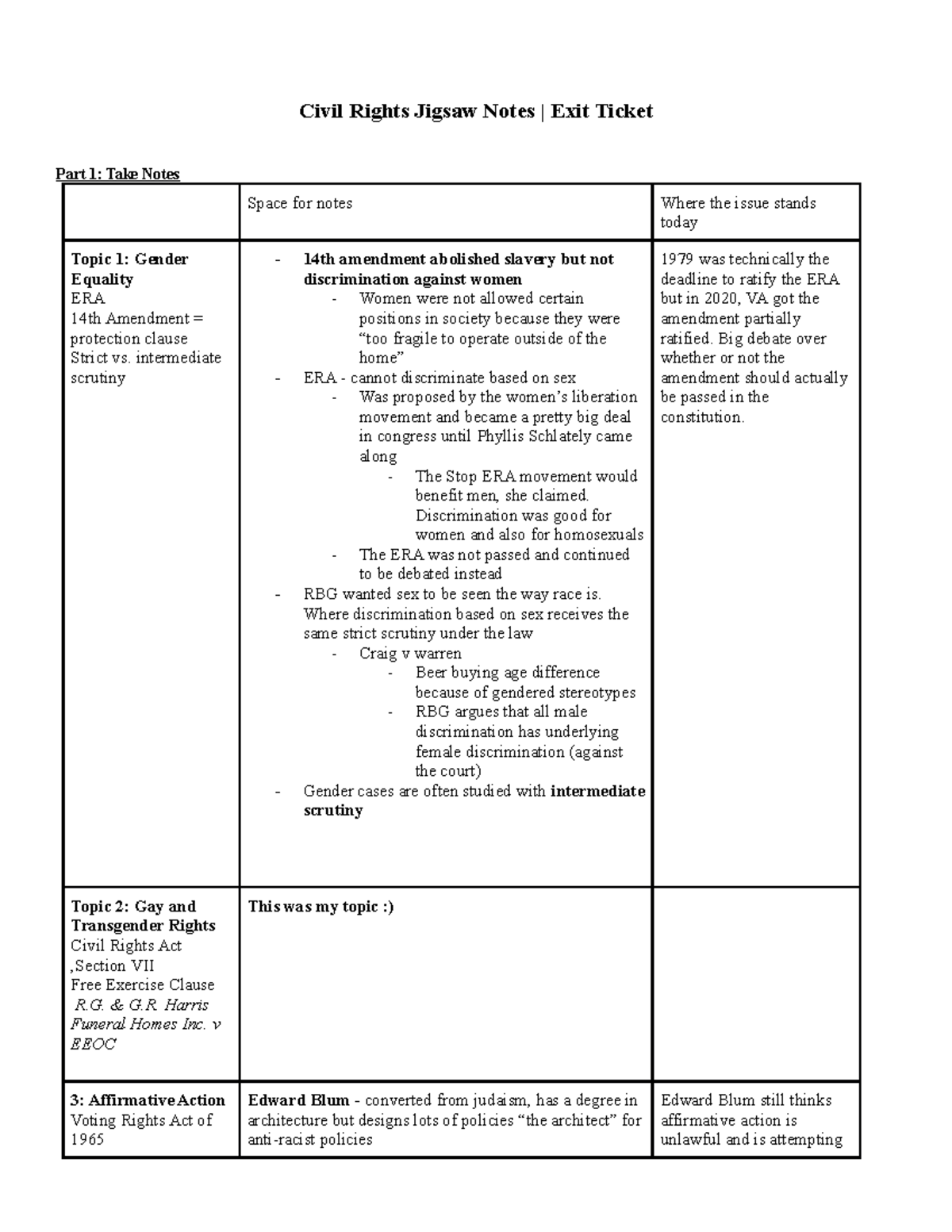 Civil Rights Jigsaw Notes Y - intermediate scrutiny 14th amendment ...