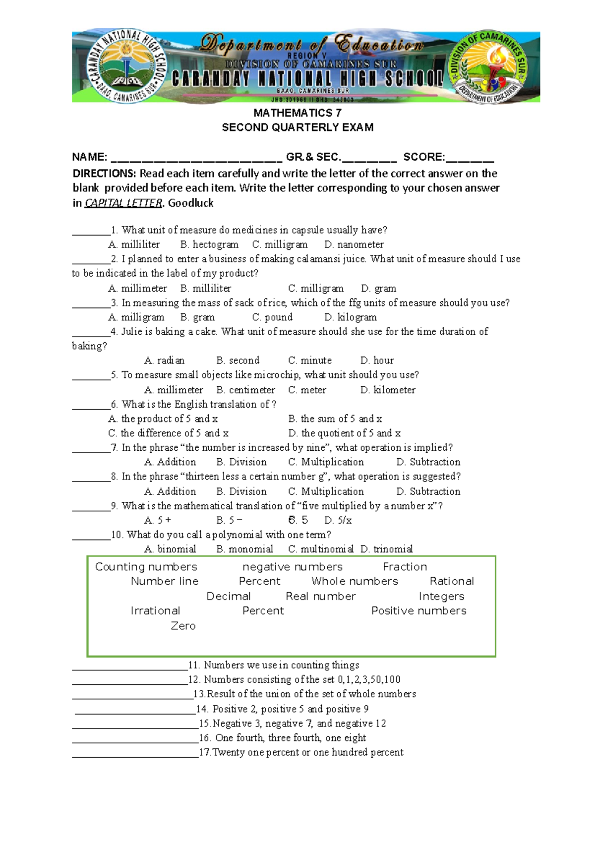 PT G7 Mathematics - MATHEMATICS 7 SECOND QUARTERLY EXAM NAME