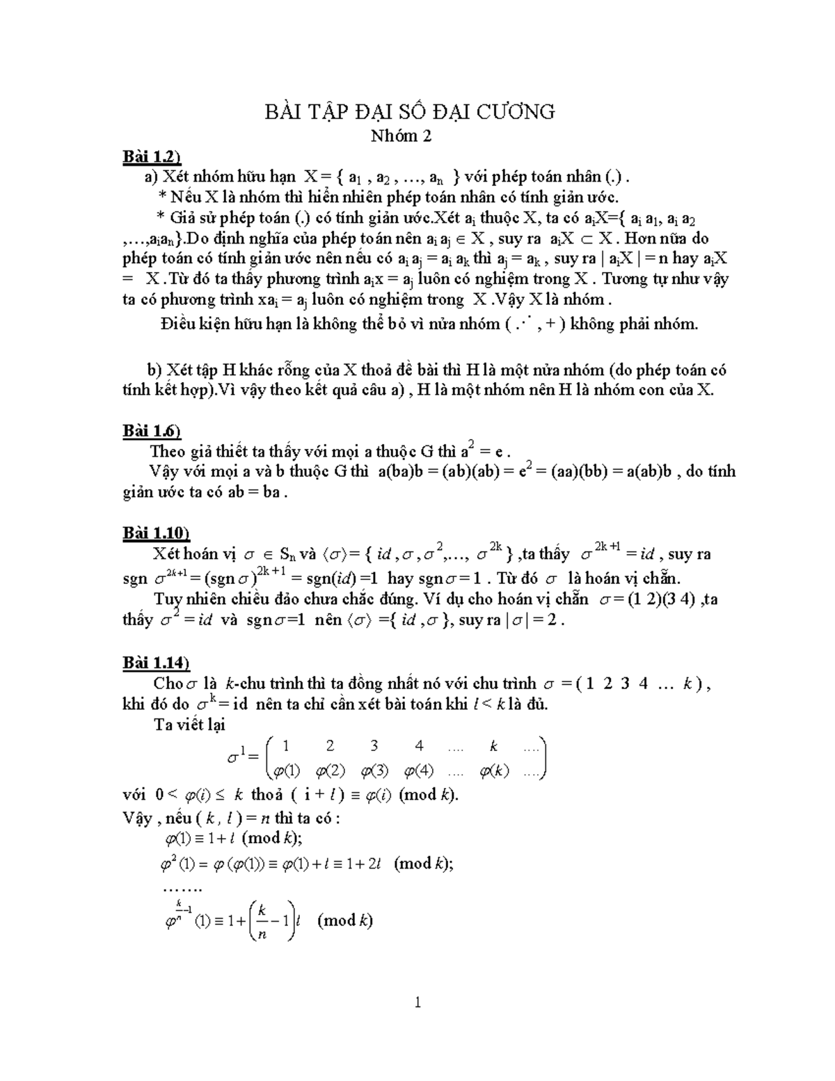 Nhom2Ch1 - B¿I T¾P Đ¾I Sà Đ¾I C ̄¡NG NhÛm 2 B‡i 1) a) XÈt nhÛm hữu h¿n ...