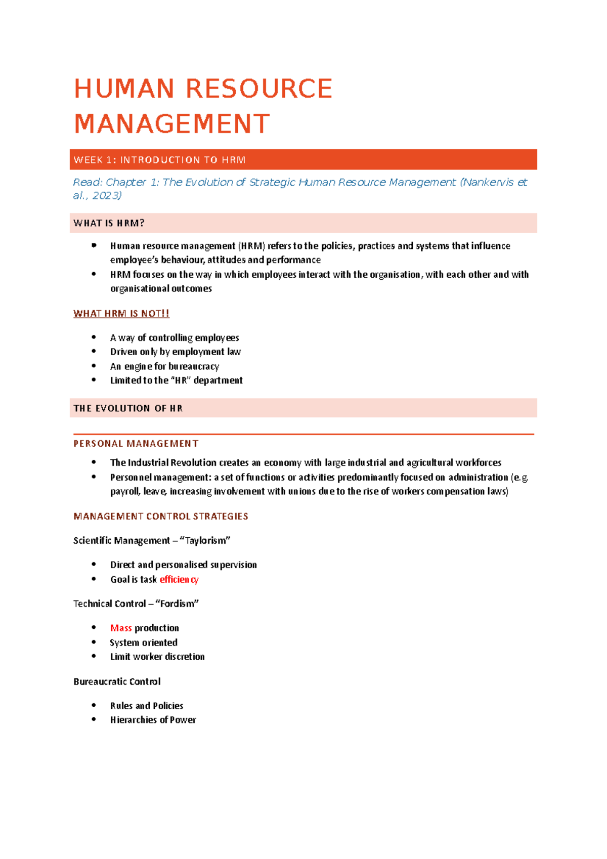 HRM Notes - HUMAN RESOURCE MANAGEMENT WEEK 1: INTRODUCTION TO HRM Read ...