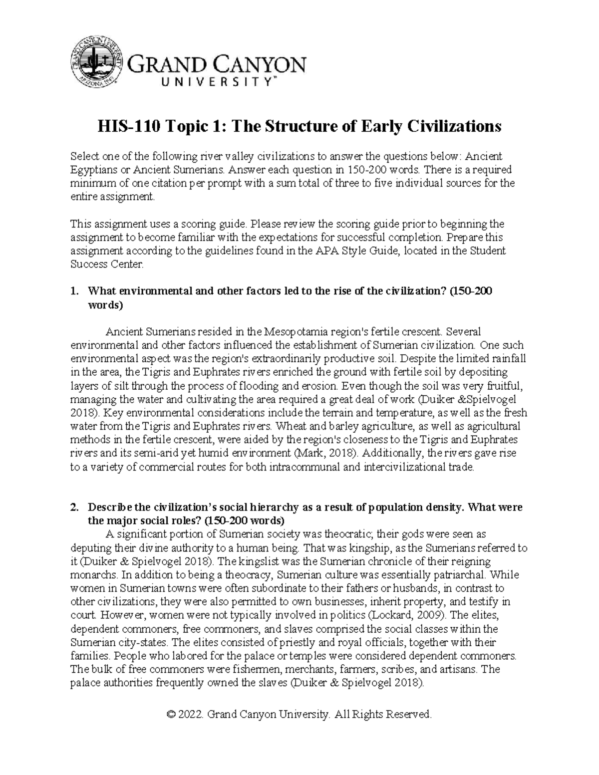 HIS 110 RS T1Structure Early Civilizations - HIS-110 Topic 1: The ...