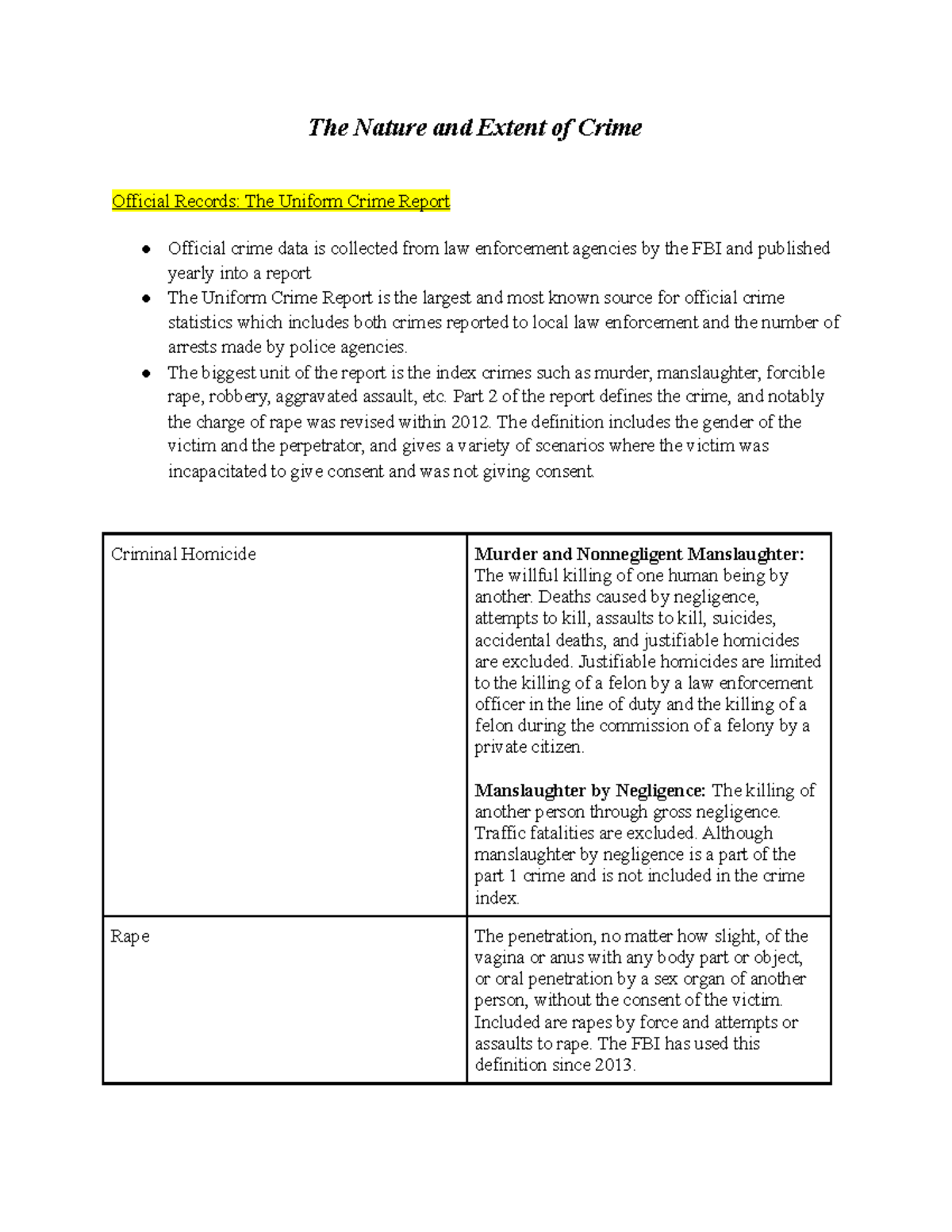 Chapter 2 Notes - The Nature and Extent of Crime Official Records: The ...