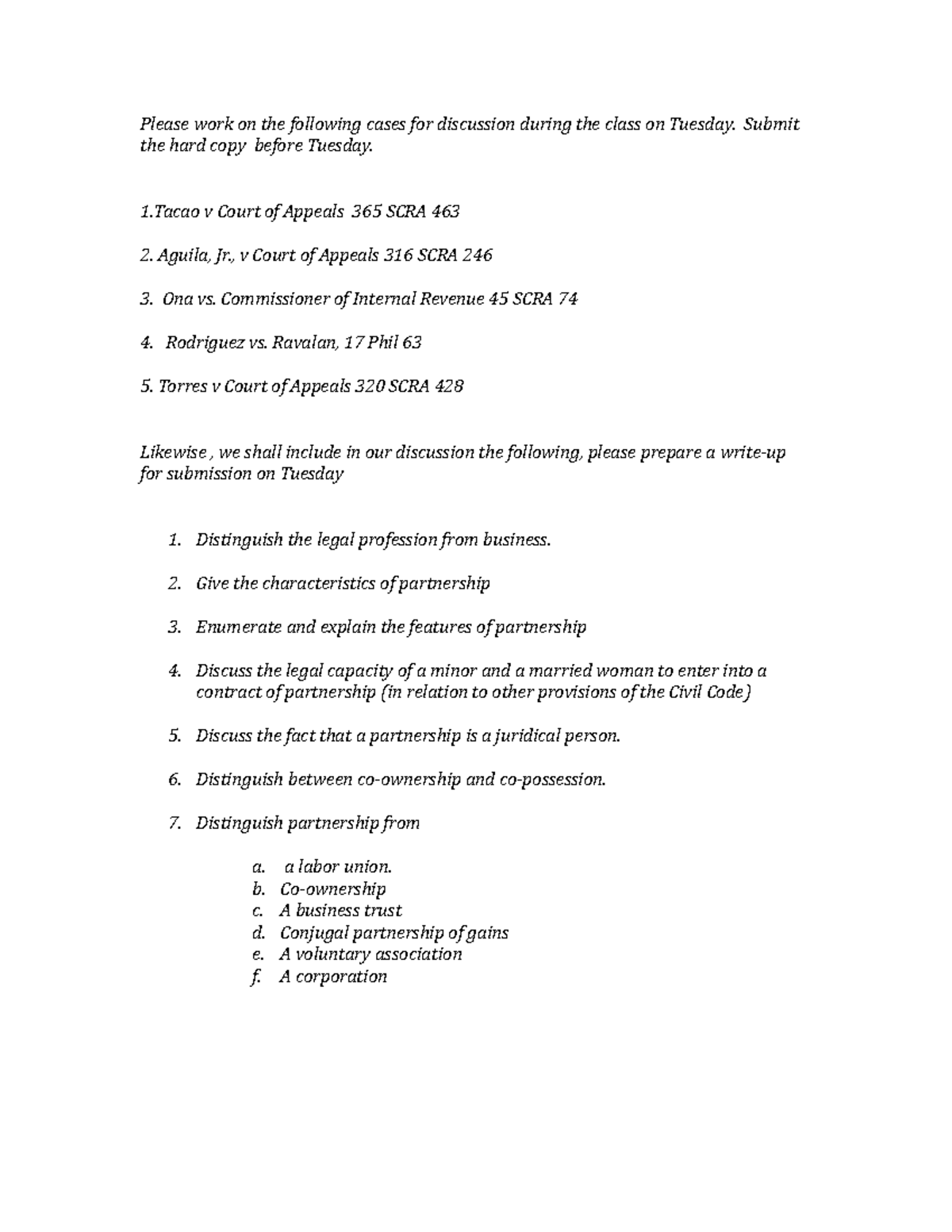 Partnership, Cases AND MORE - Please work on the following cases for ...