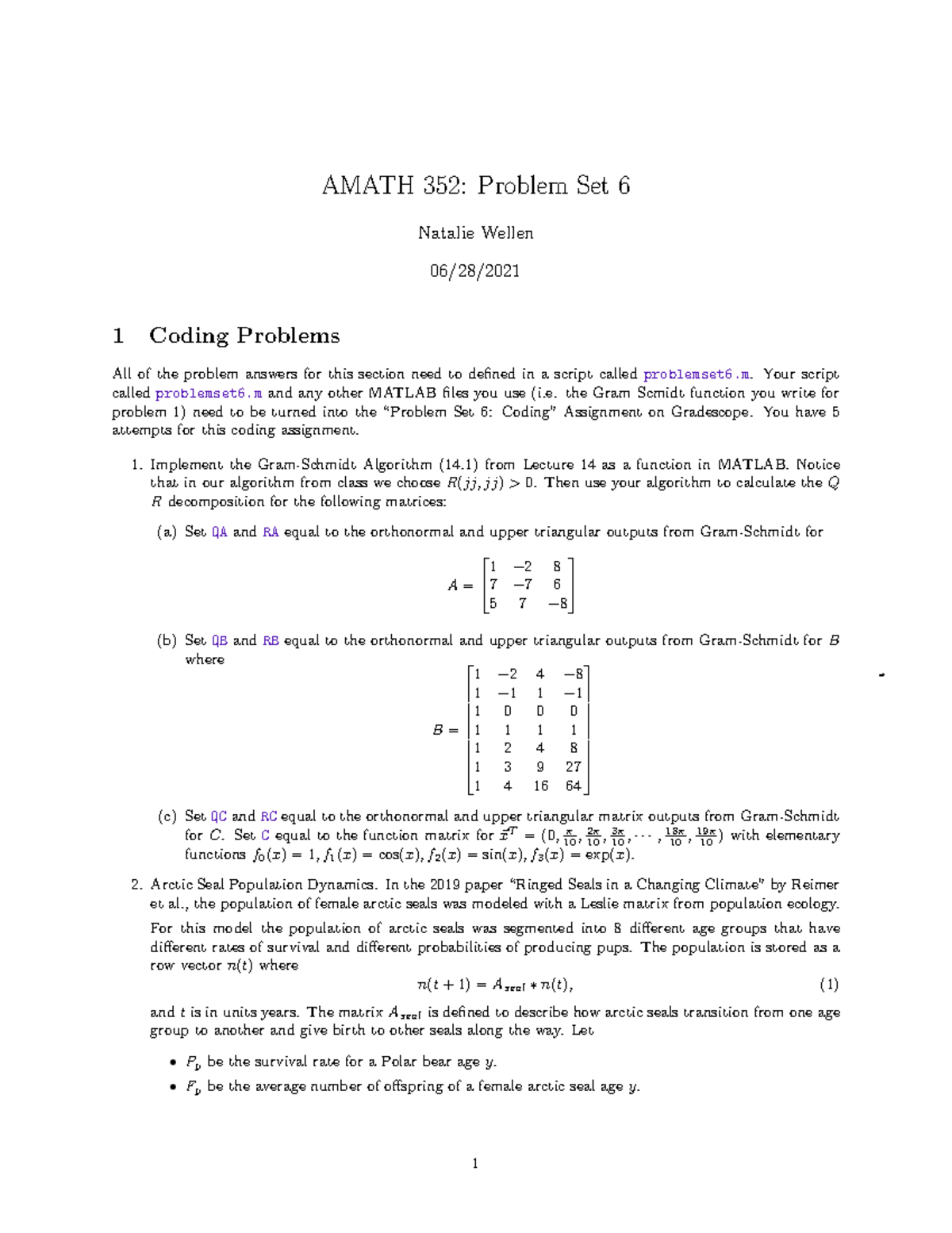 Problem Set 6 - 2 non coding - AMATH 352: Problem Set 6 Natalie Wellen ...