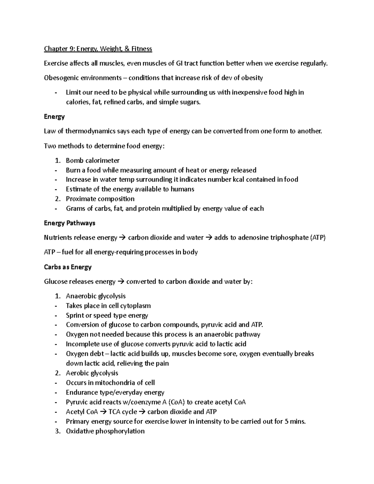 Nutriton notes unit 3 - Chapter 9: Energy, Weight, & Fitness Exercise ...