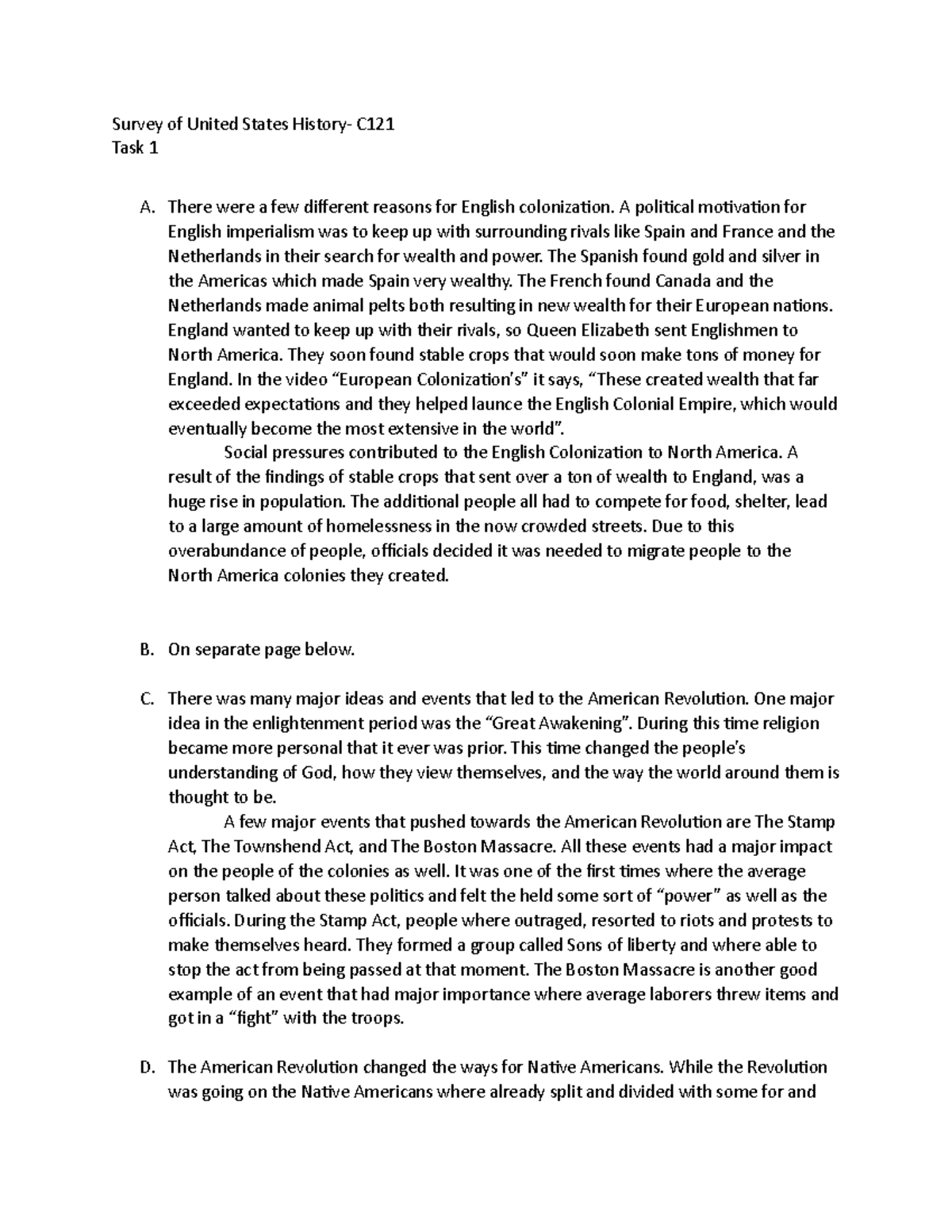 survey of united states history C121 task 1 - Survey of United States ...