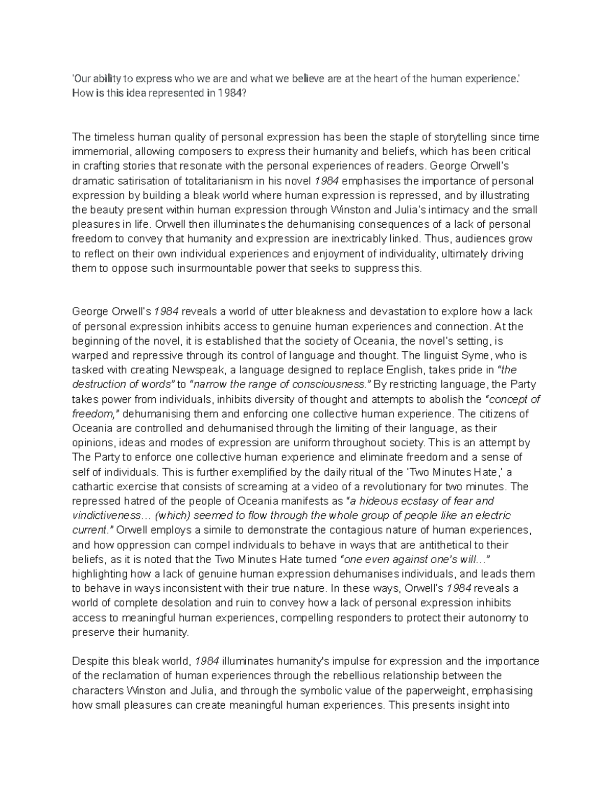 HSC Common Mod Essay - 1984 - 'Our ability to express who we are and ...