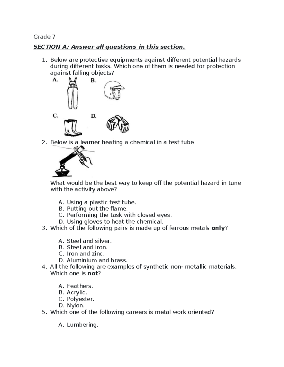 Pretech - Copy - undergraduate - Grade 7 SECTION A: Answer all ...