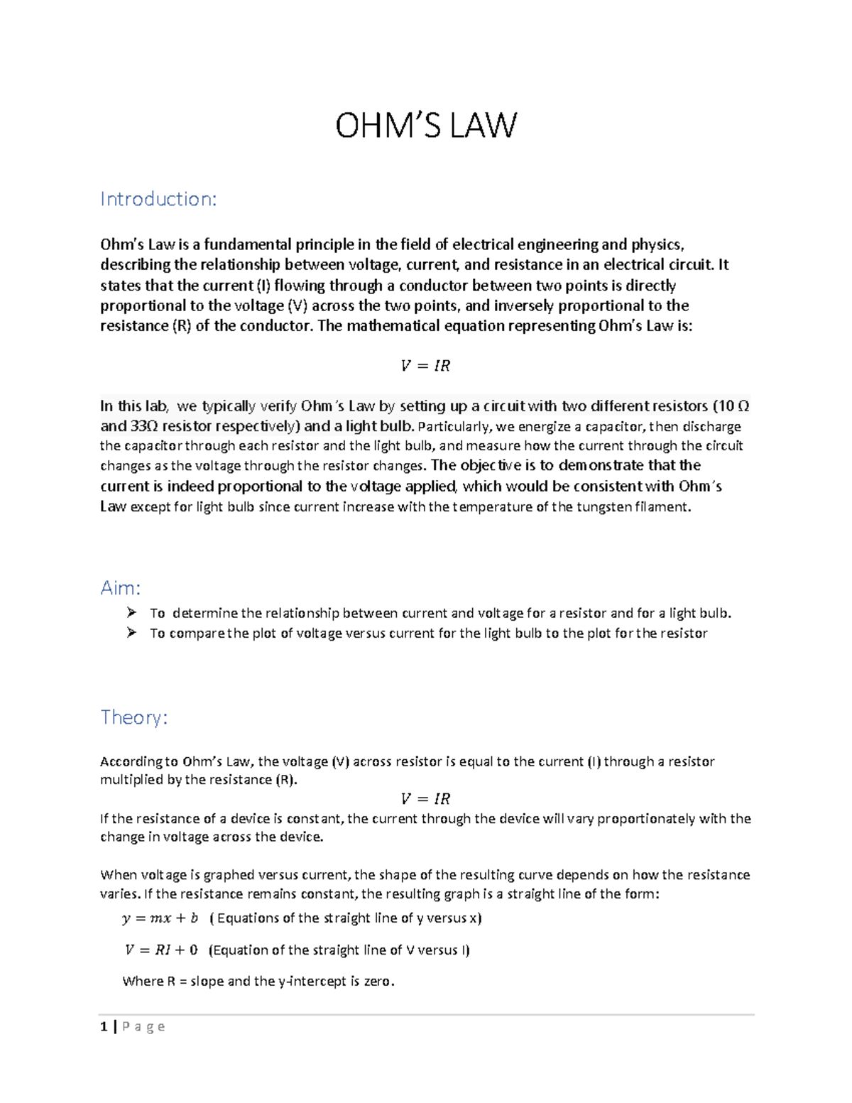 Physics LAB # 2 Ohm's Law - OHM’S LAW Introduction: Ohm’s Law is a ...