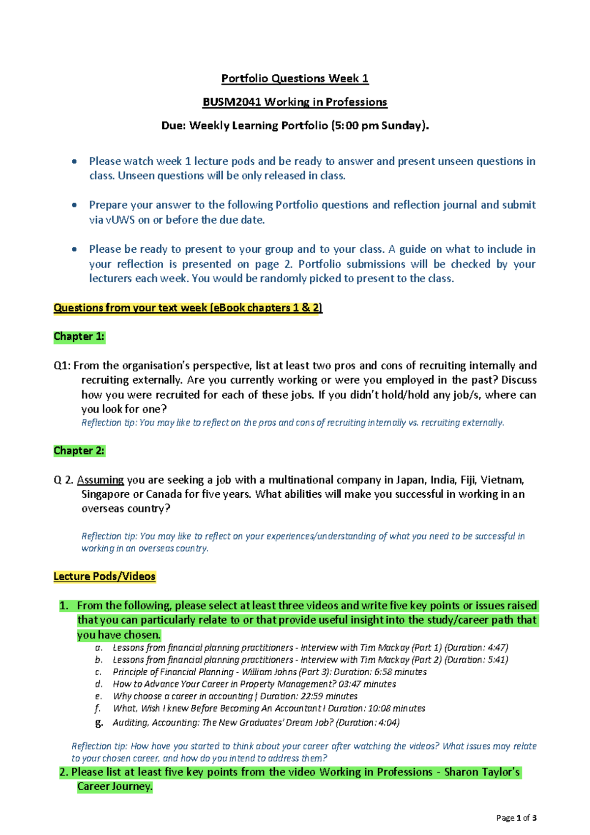 Week 1 Portfolio Questions UEH, T3 2023 - Page 1 of 3 Portfolio Questions Week 1 BUSM2041 ...