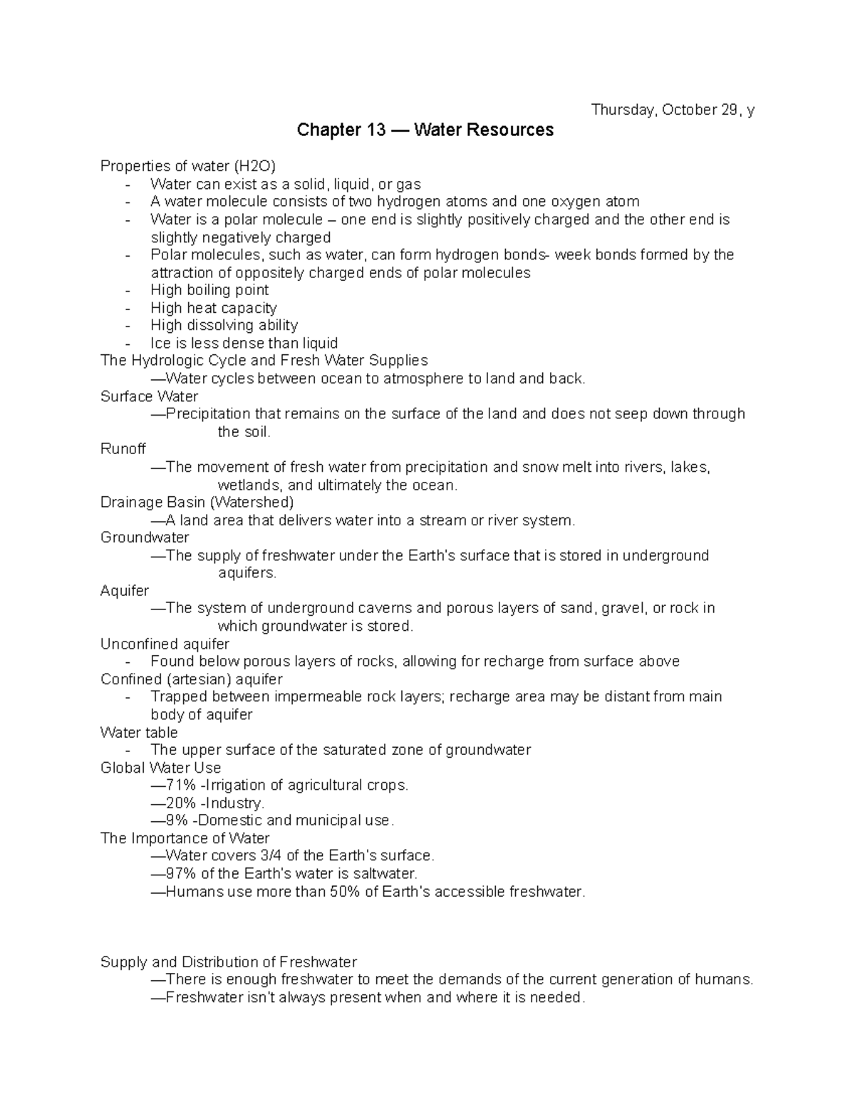 Biology Notes Chapter 13 - Thursday, October 29, y Chapter 13 — Water ...
