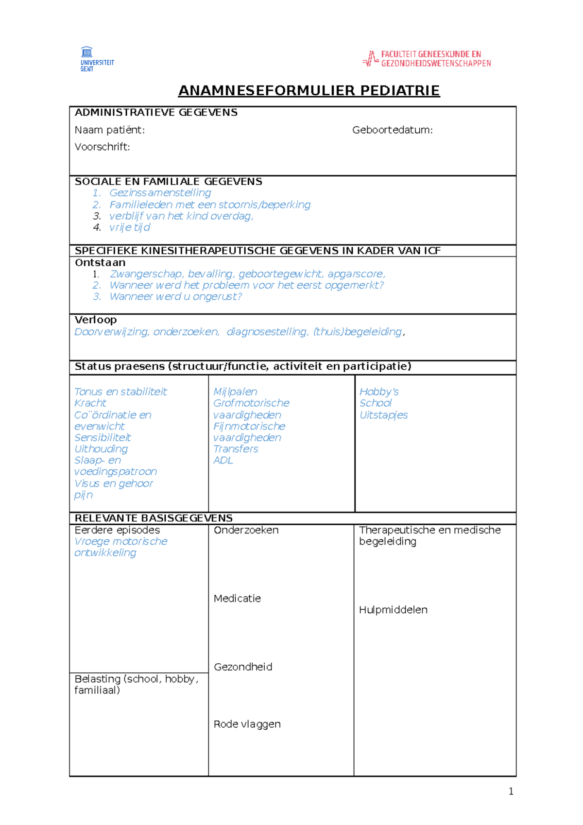 Anamneseformulier Pediatrie - ANAMNESEFORMULIER PEDIATRIE ...