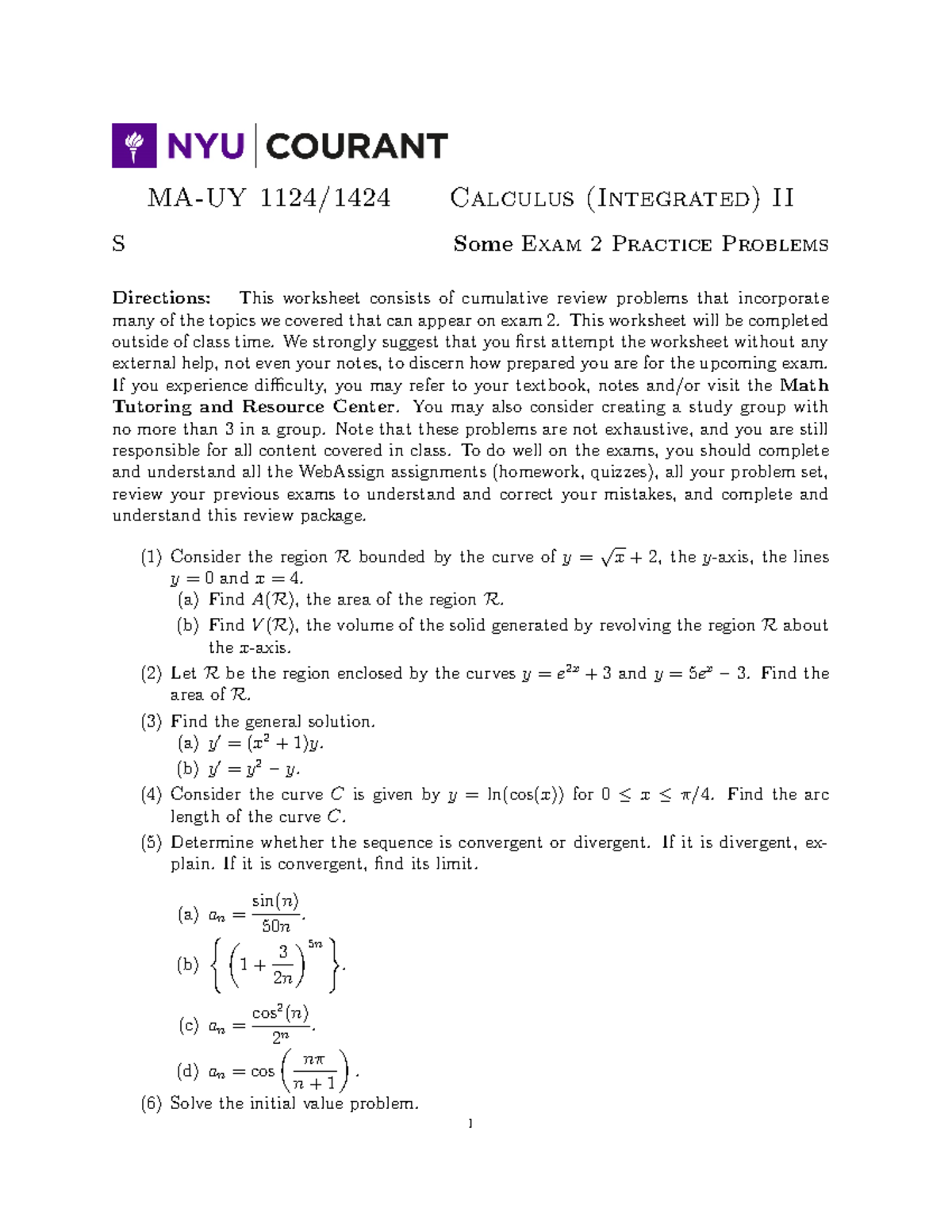 MA-UY 1124-1424 Exam2 Practice - MA-UY 1124/1424 Calculus (Integrated ...