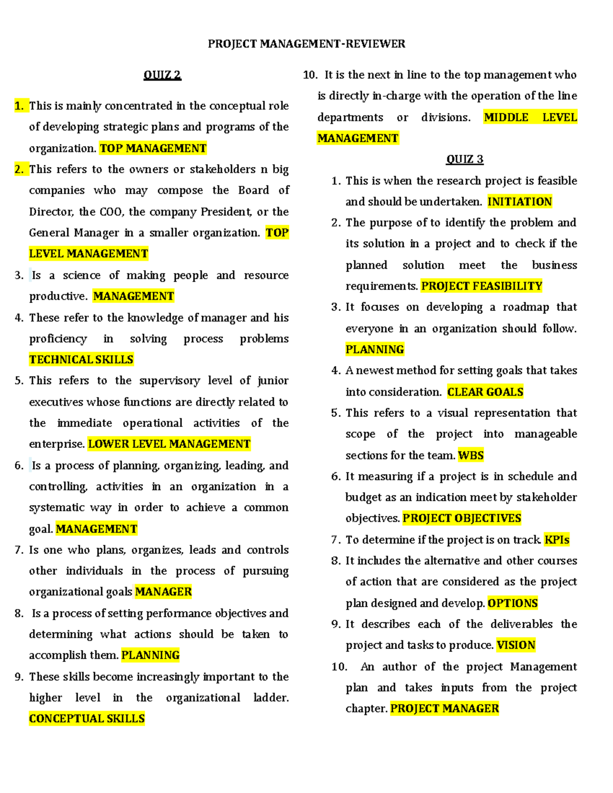 Project- Management- Quizzes - PROJECT MANAGEMENT-REVIEWER QUIZ 2 This ...