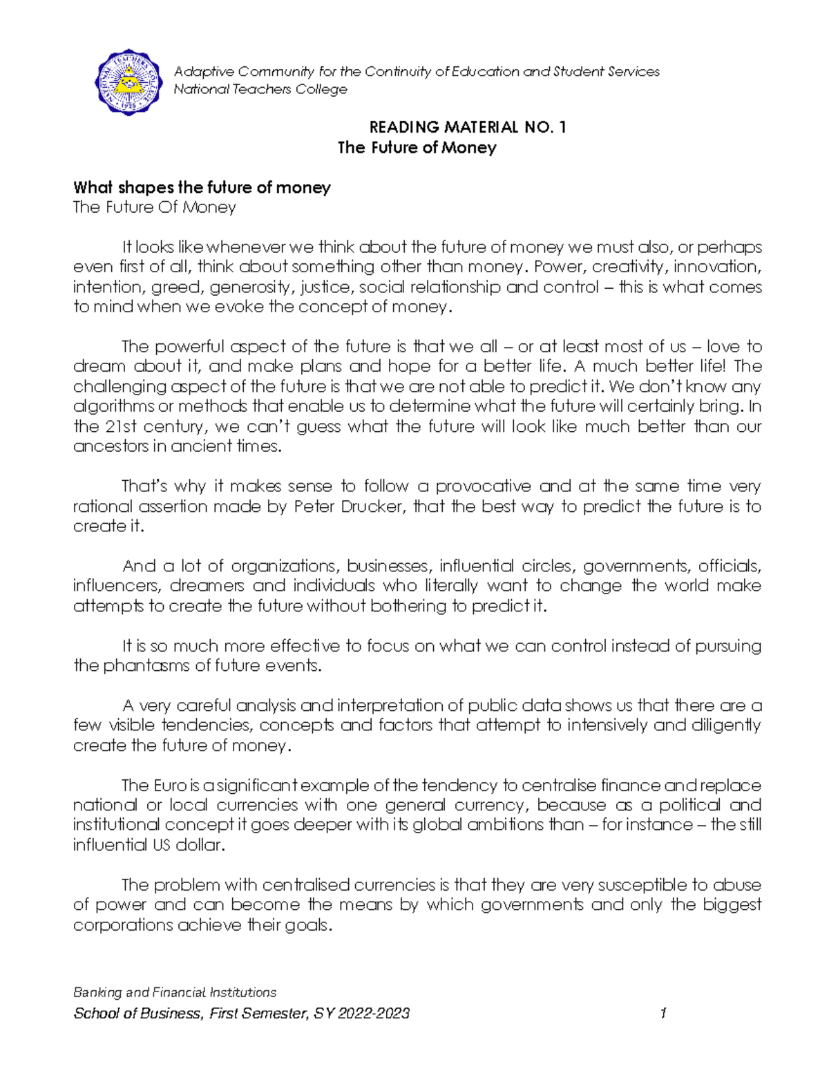 Banking and Financial Institutions Reading Material 1 - National ...