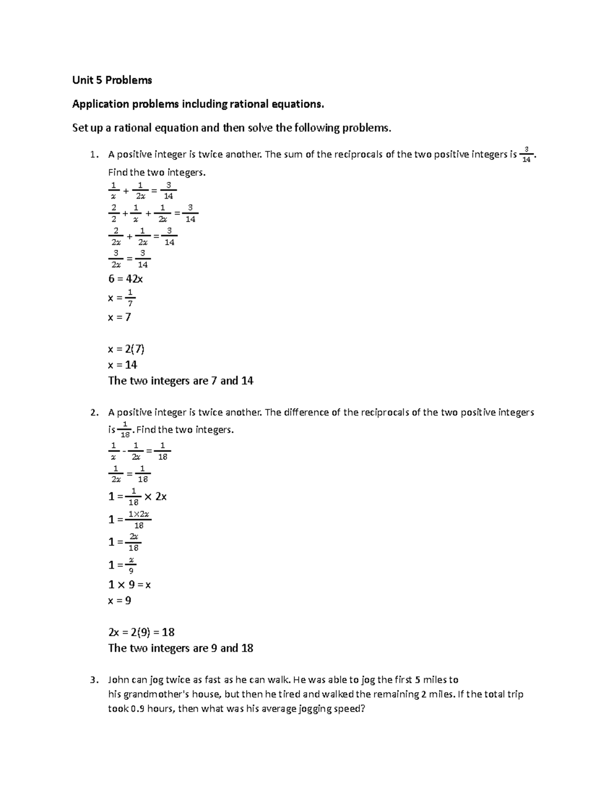 [Gaytan] MA109 Unit 5 - applications problems including rational equations - Unit 5 Problems ...