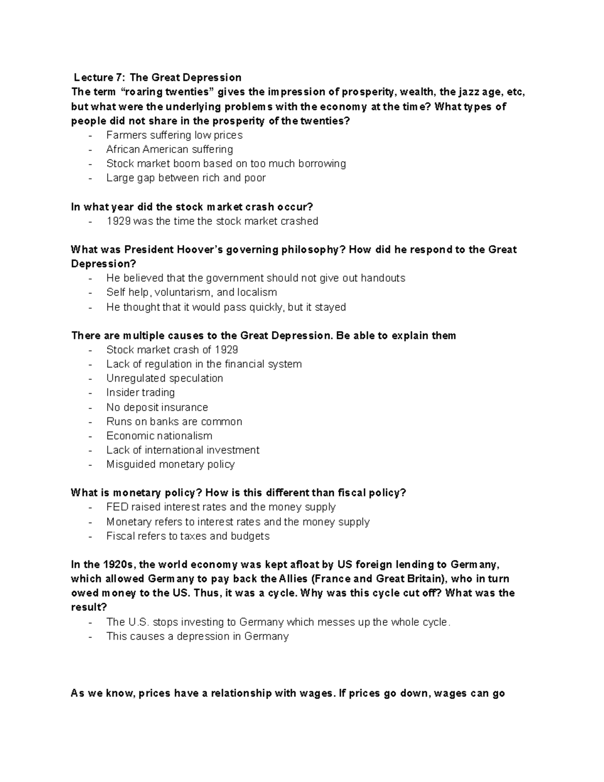 Lecture 7 HST - Notes - Lecture 7: The Great Depression The term ...