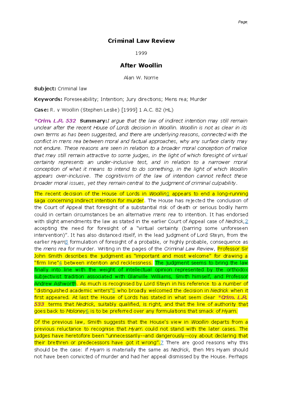 After woolin article - Criminal Law Review 1999 After Woollin Alan W ...