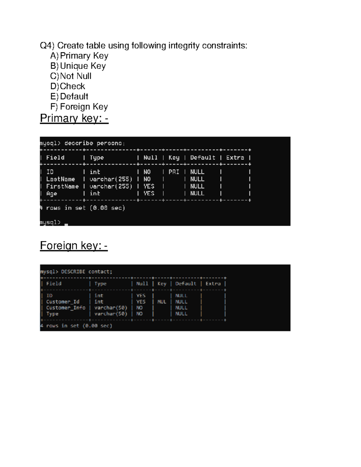 Practical DBMS - Good - Bachelor of arts - Q4) Create table using following integrity ...