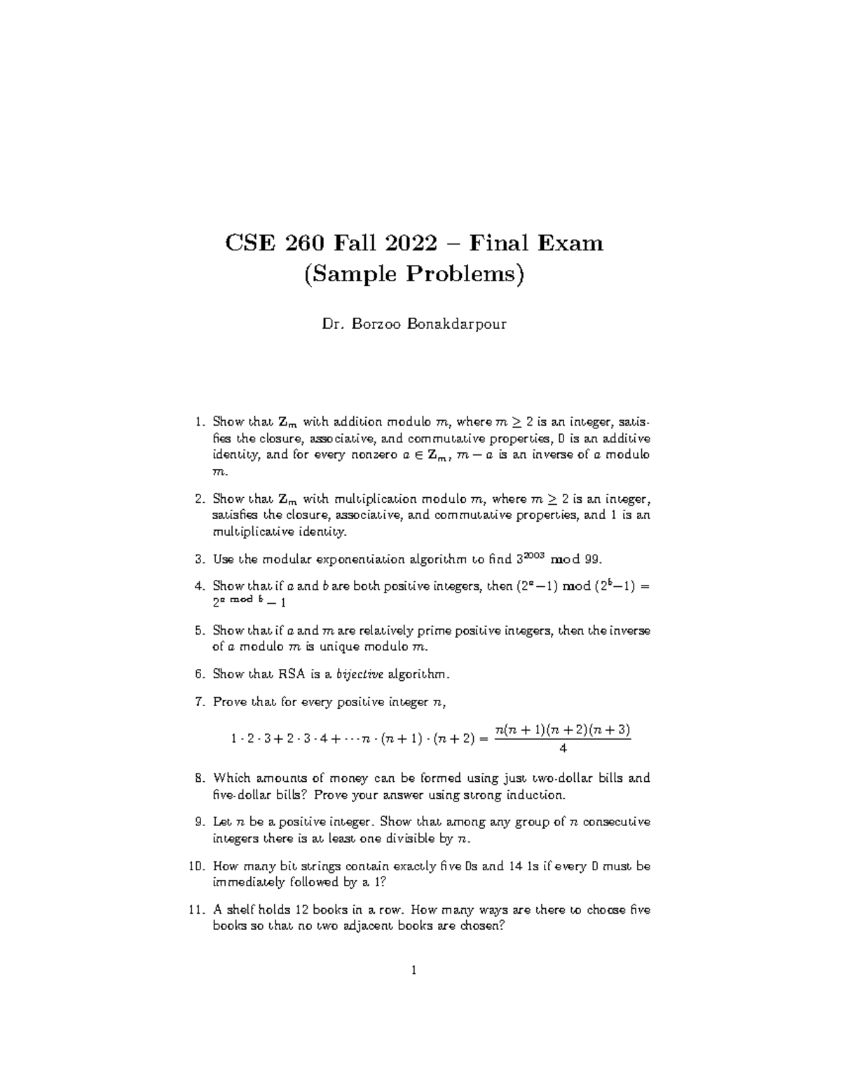 Final Exam Sample - CSE 260 Fall 2022 – Final Exam (Sample Problems) Dr. Borzoo Bonakdarpour ...