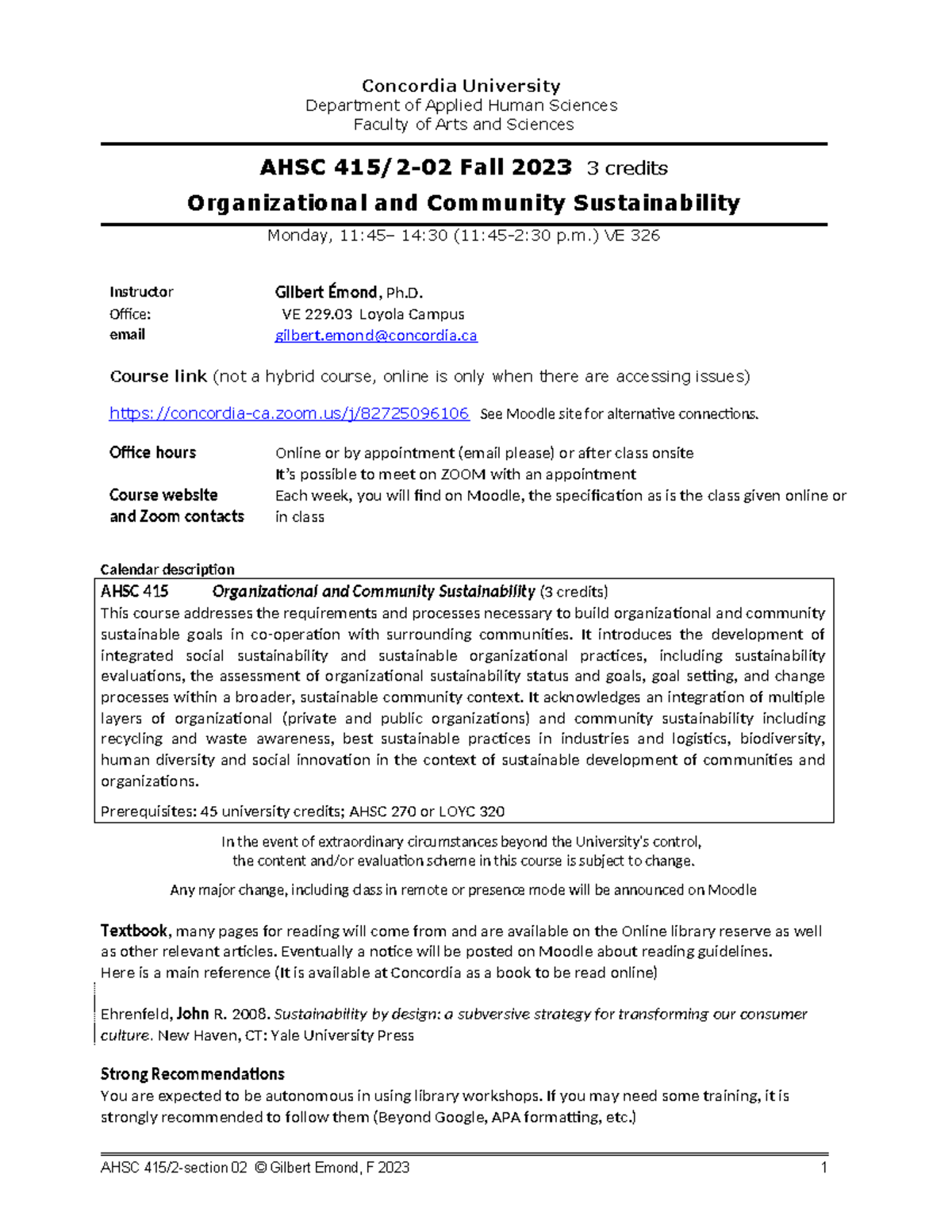 AHSC 415 F23 G Emond Syllabus final - Concordia University Department ...