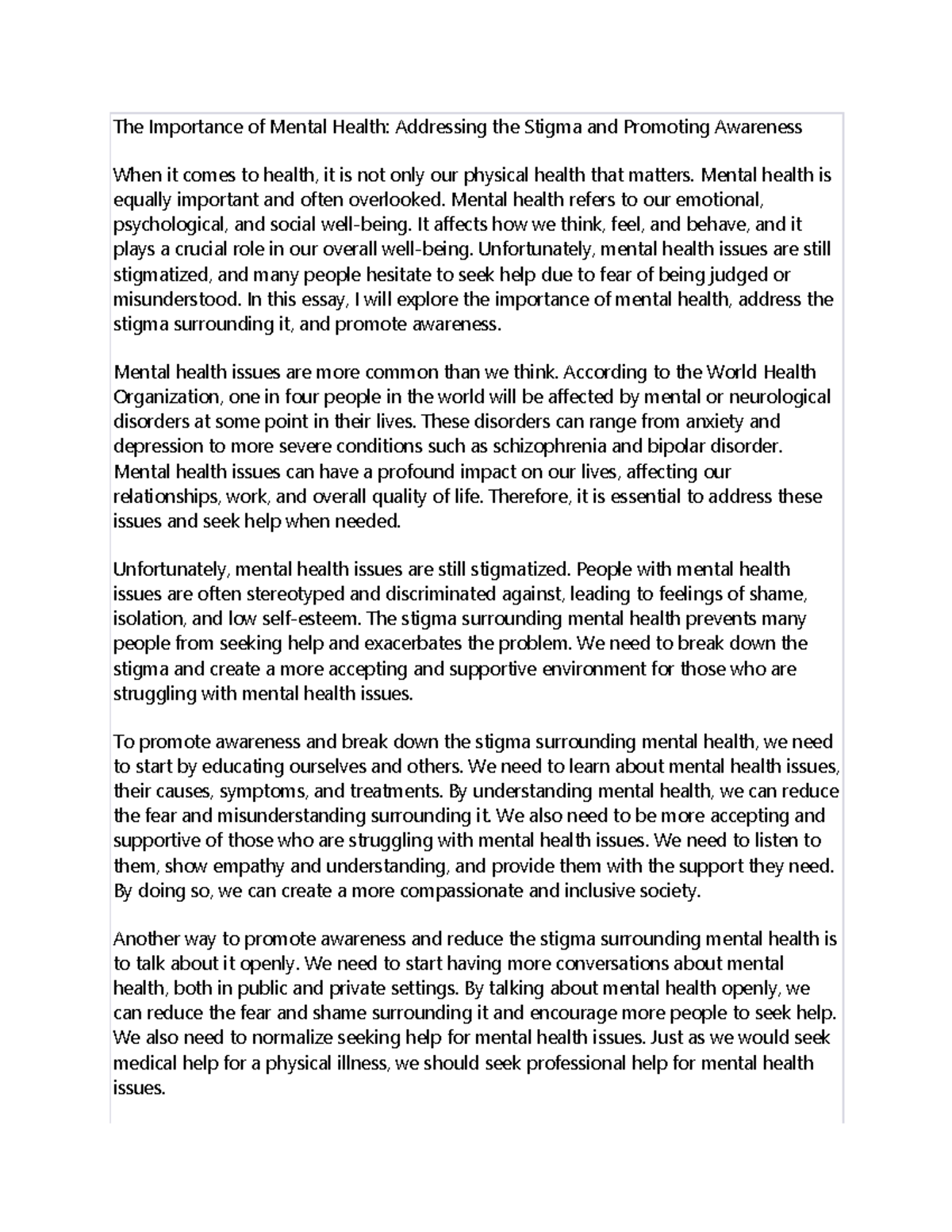 Doc2 - in class assignment for a essay - The Importance of Mental ...