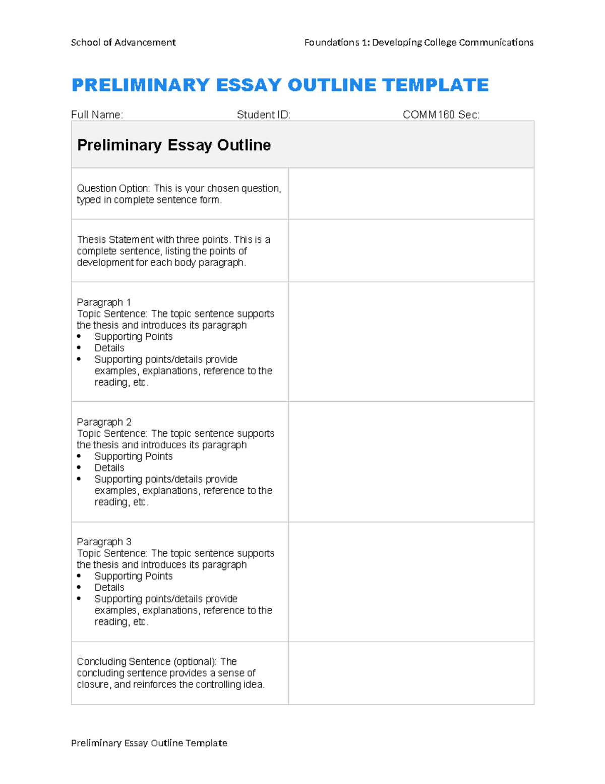 Preliminary Essay Outline Template - School of Advancement Foundations ...