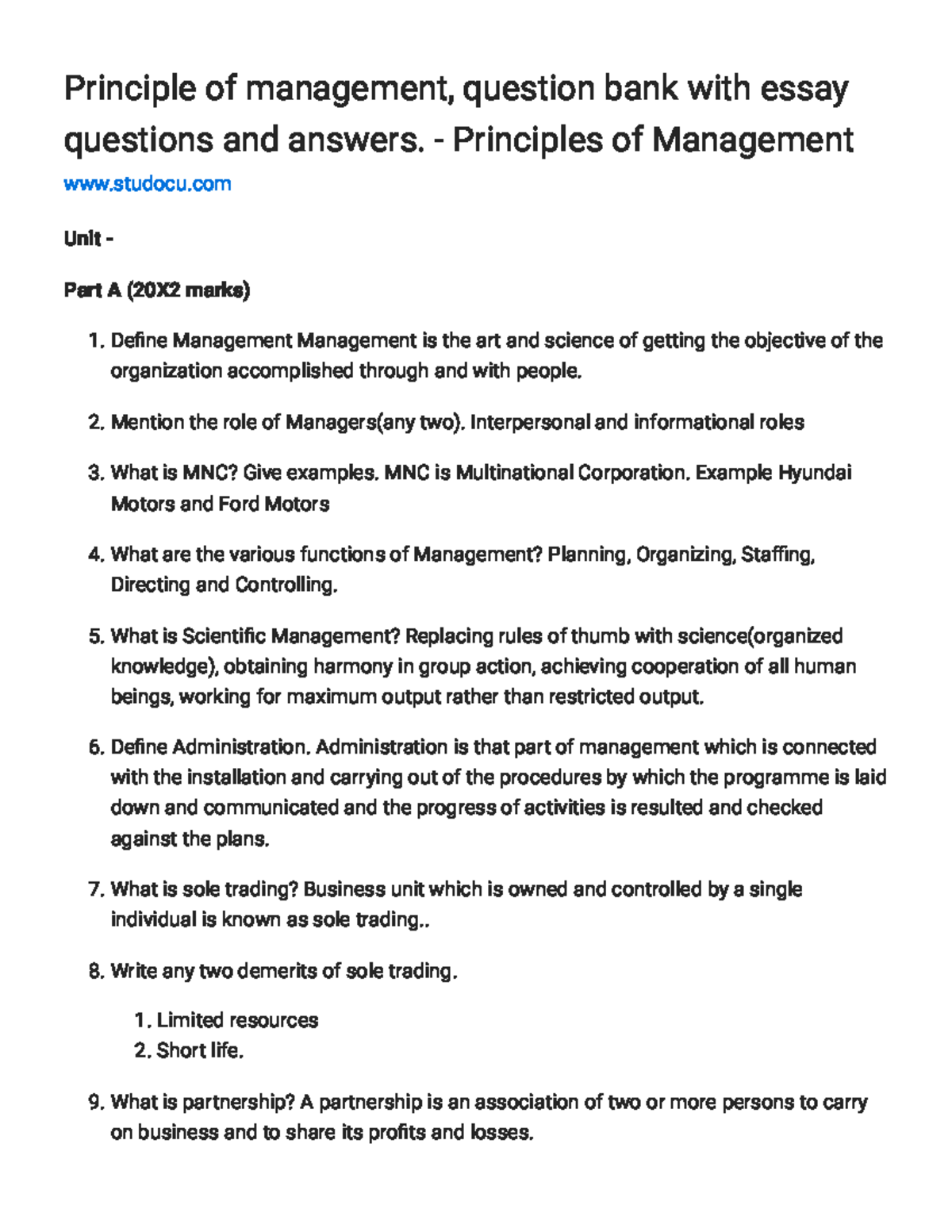 Principle Of Management Question Bank With Essay Questions And Answers