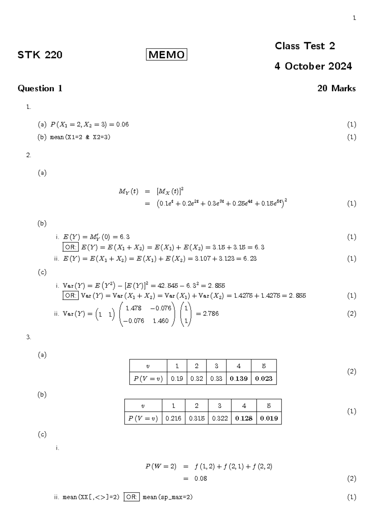 CT2 2024 MEMO - class test 2 memo - 1 STK 220 MEMO Class Test 2 4 ...