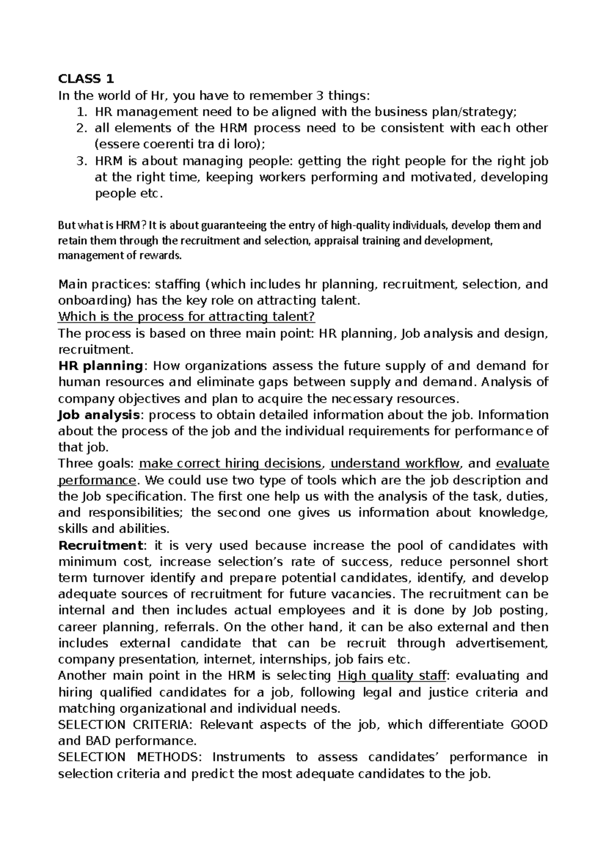 Human resources - notes from lessons and power point slides - CLASS 1 ...