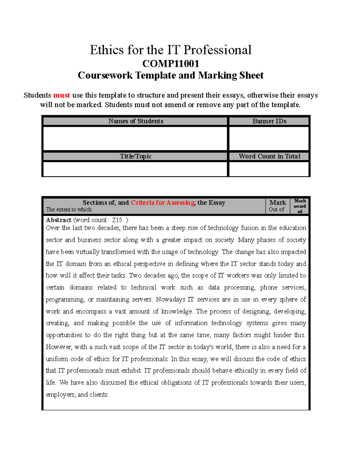 EITP Final Assignment as per solution - Ethics for the IT Professional COMP Coursework Template ...