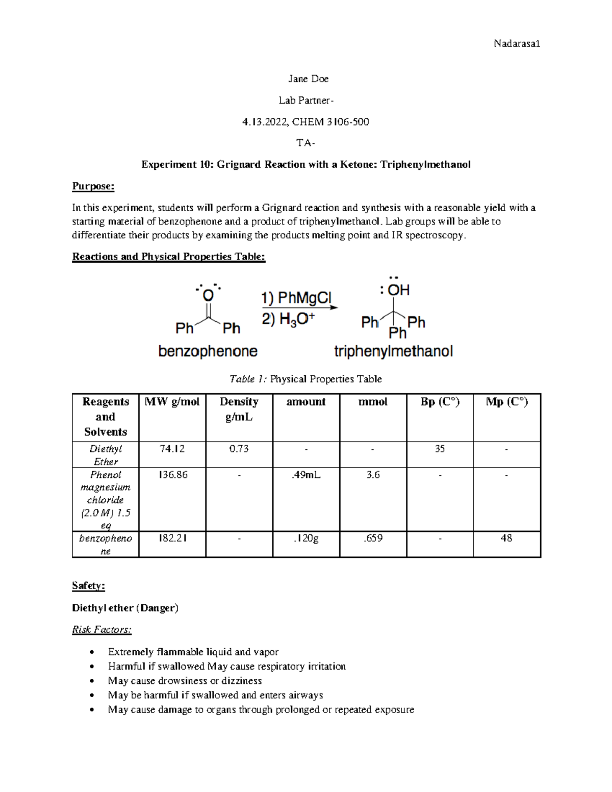 Exp 10 Final - exp lab report 10 - Jane Doe Lab Partner- 4.13, CHEM 3106- TA- Experiment 10 ...
