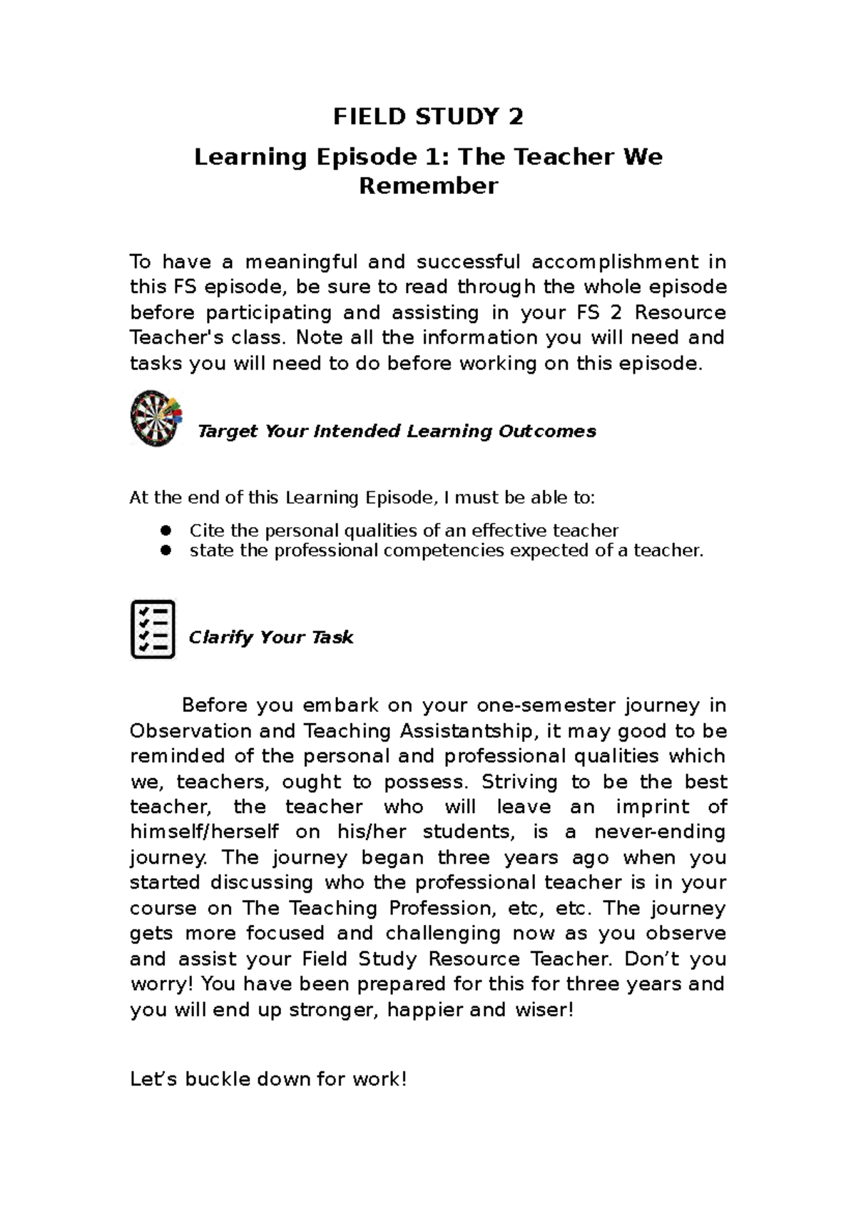 FS2-Learning Episode-1 - FIELD STUDY 2 Learning Episode 1: The Teacher We Remember To have a ...