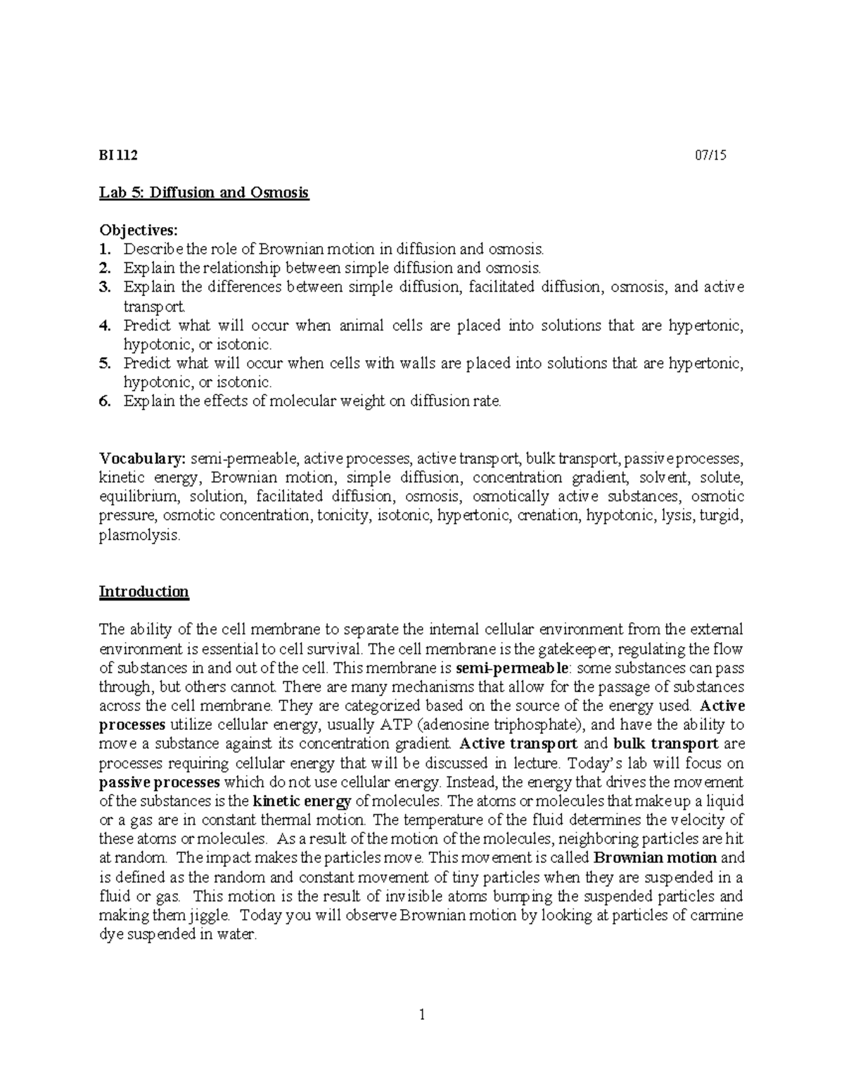 Bi 112 Lab 5 Lab Bi 112 07 Lab 5 Diffusion And Osmosis Objectives Describe The Role Of