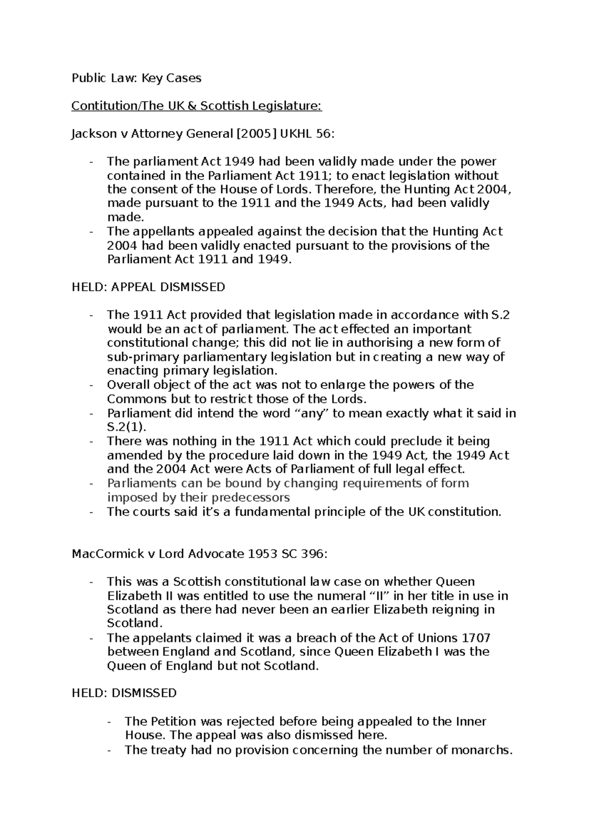 Public Law KEY Cases - Public Law: Key Cases Contitution/The UK ...