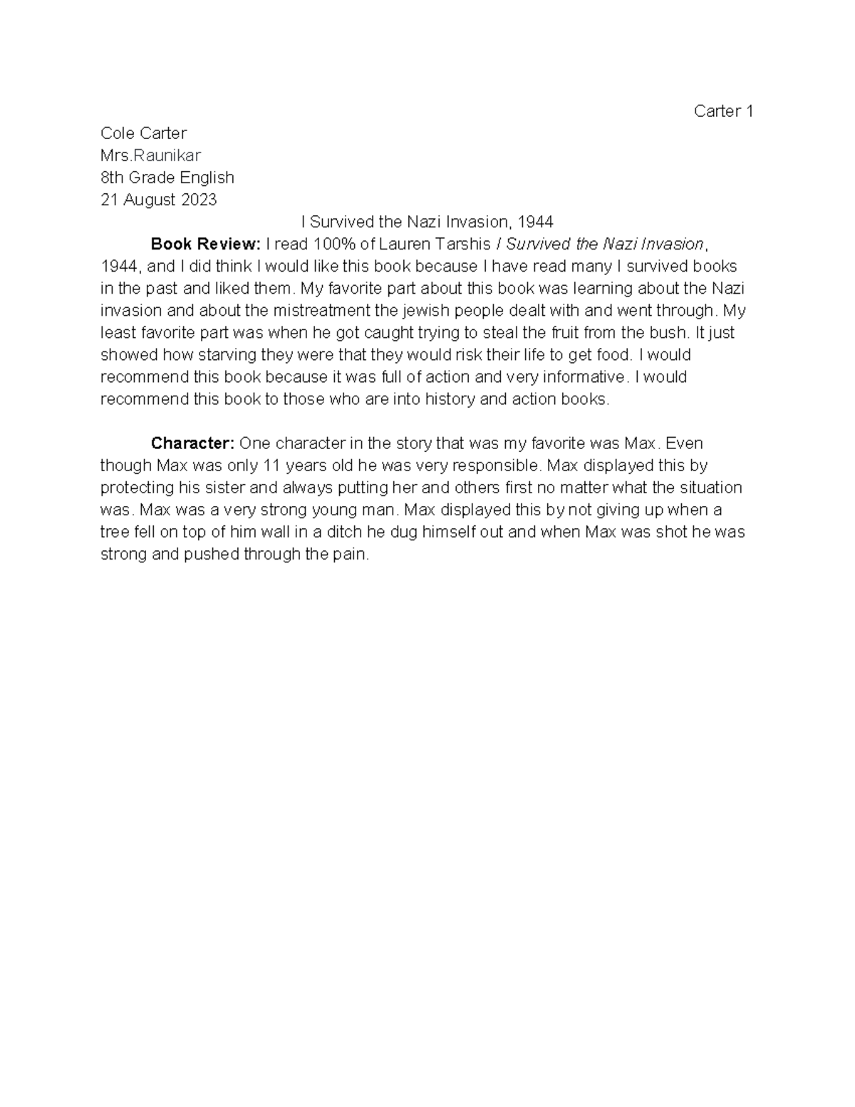 Carter 1 - Notes - Carter 1 Cole Carter Mrs 8th Grade English 21 August ...