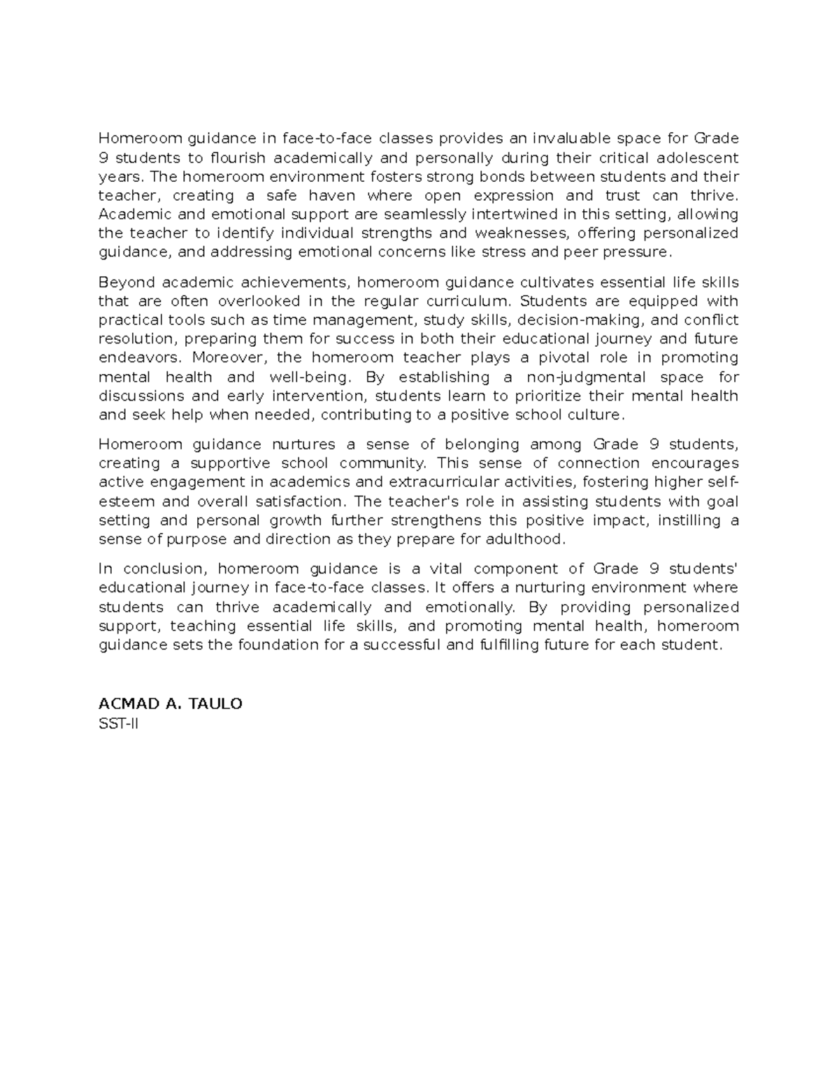 HGP Reflection - Homeroom guidance in face-to-face classes provides an invaluable space for ...